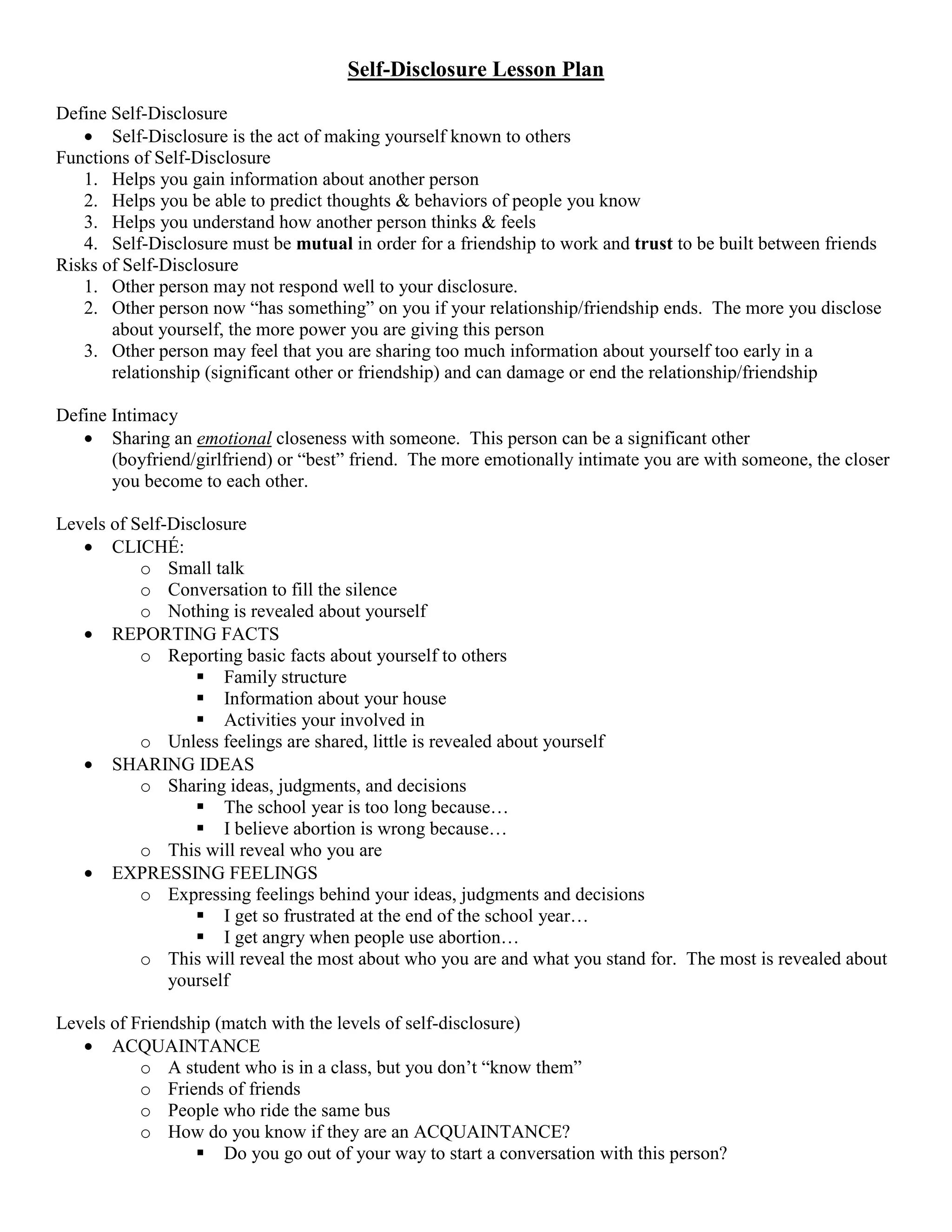 Self Disclosure Lesson Plan | PDF