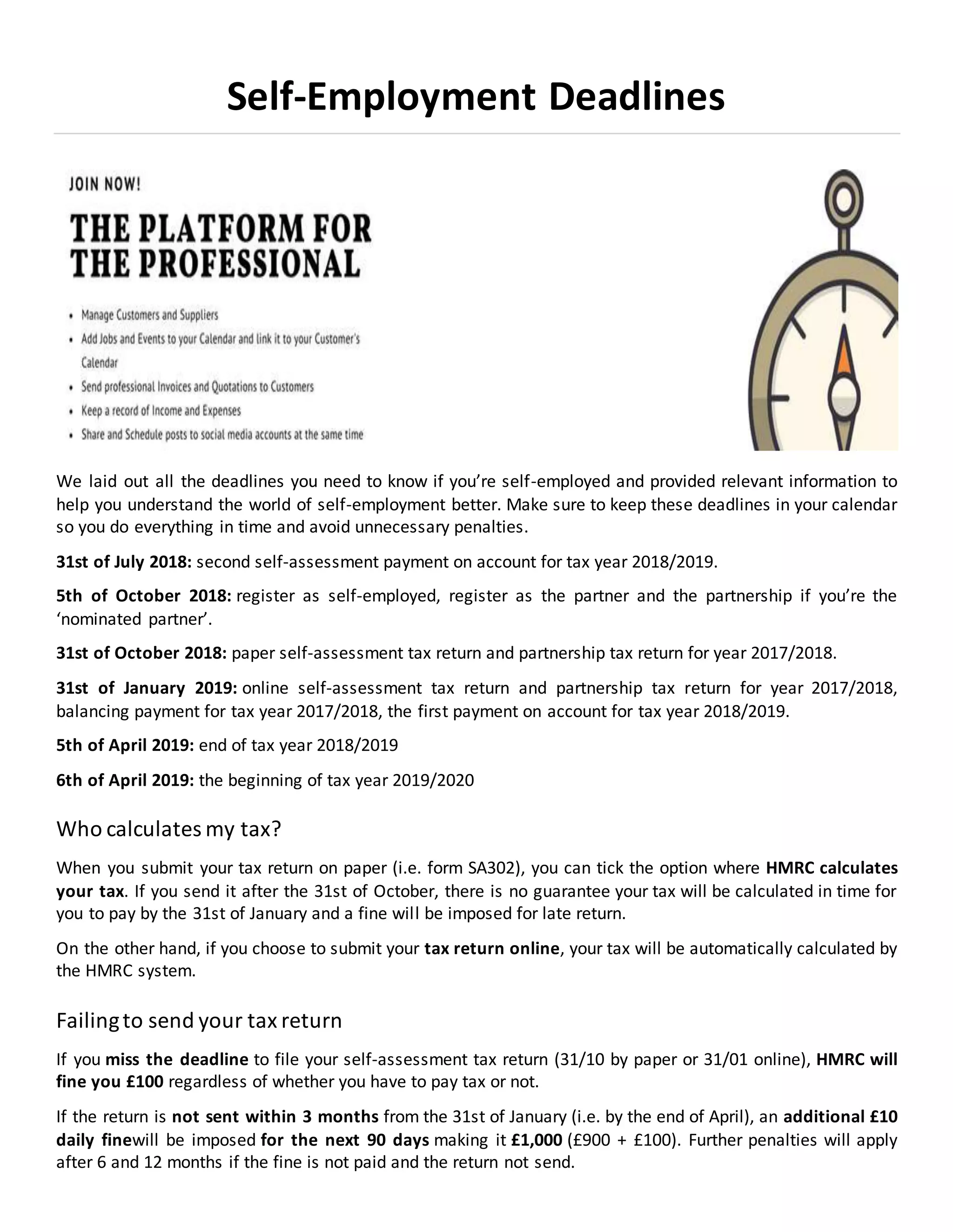 Self employment deadlines | DOCX | Personal Taxes | Personal Finance