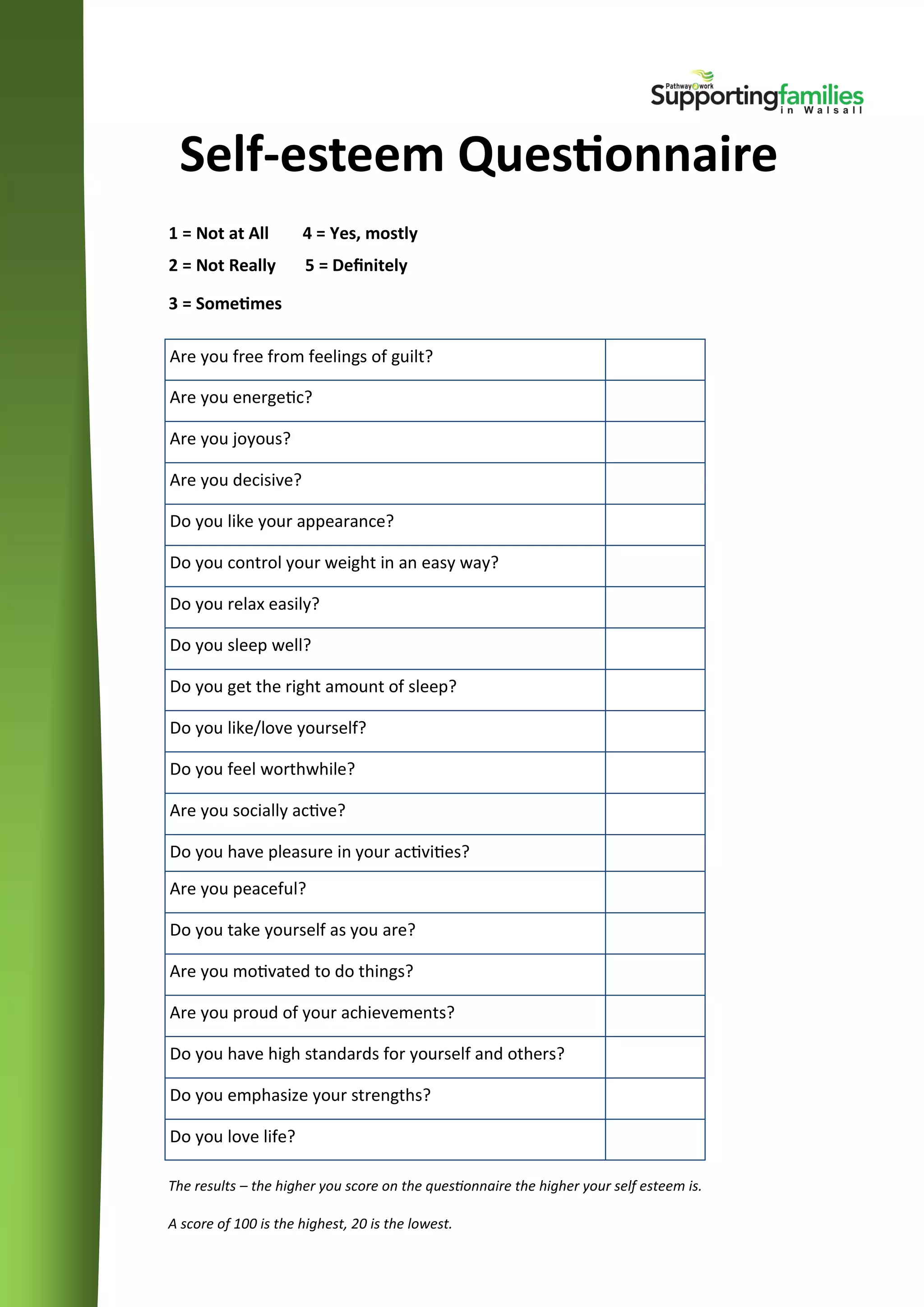 Self-esteem Questionnaire | PDF