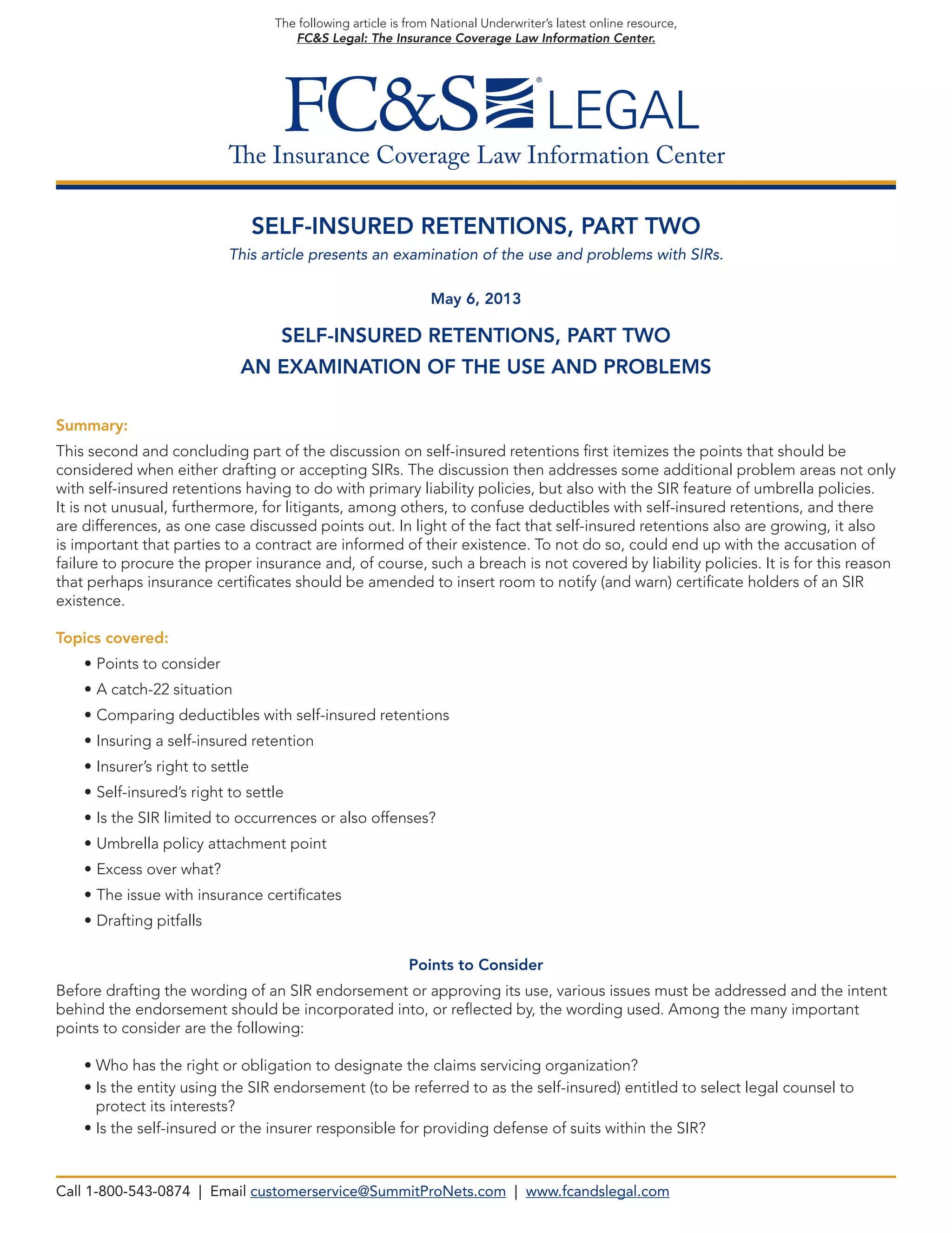 Self-Insured Retentions Part 2: An Examination of the Uses and Problems ...