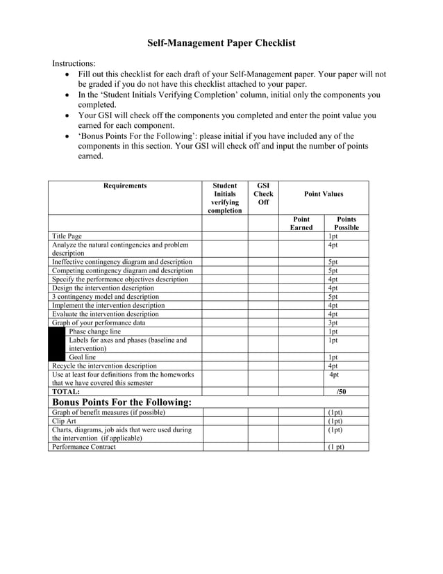 Self management Paper Checklist | DOCX