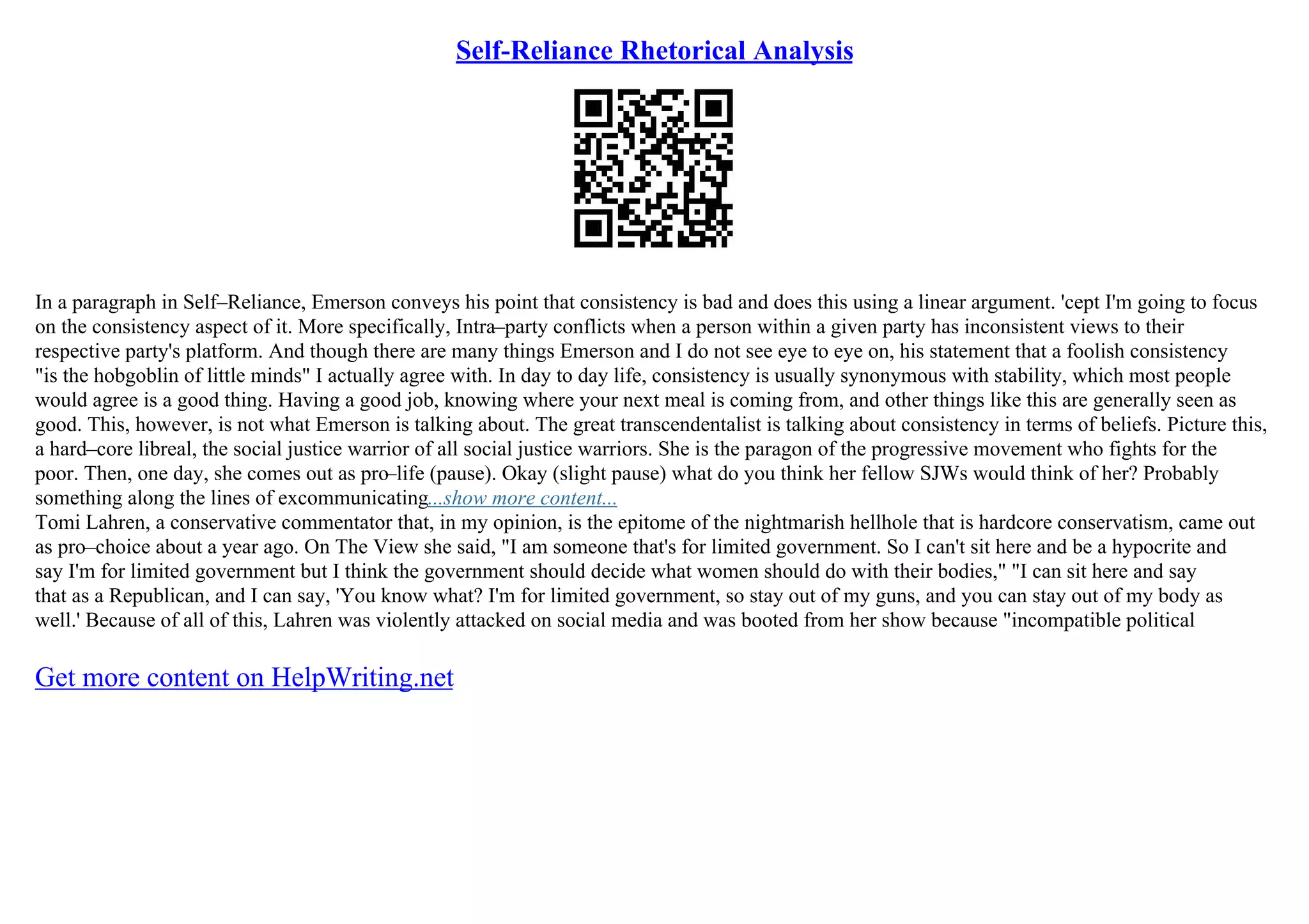 Self-Reliance Rhetorical Analysis | PDF