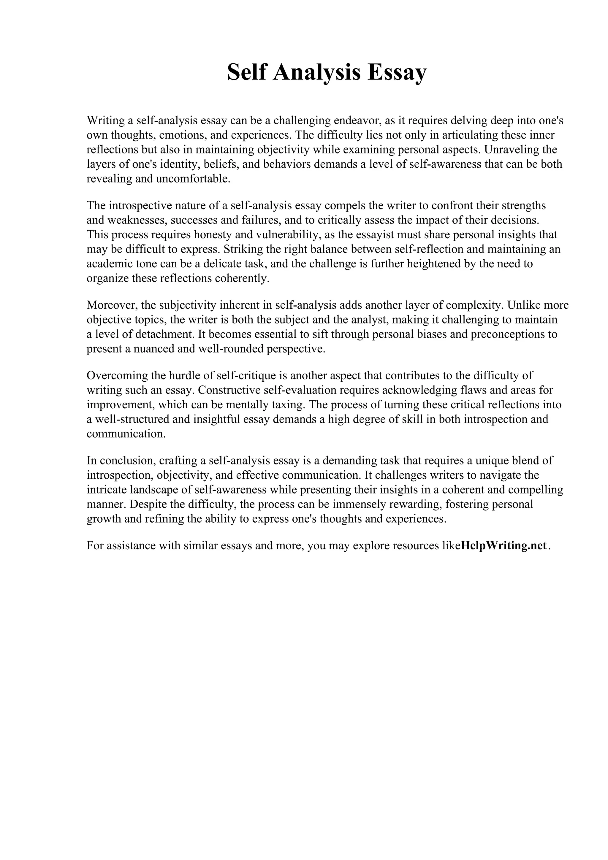 Self Analysis Essay. San Francisco State University | PDF