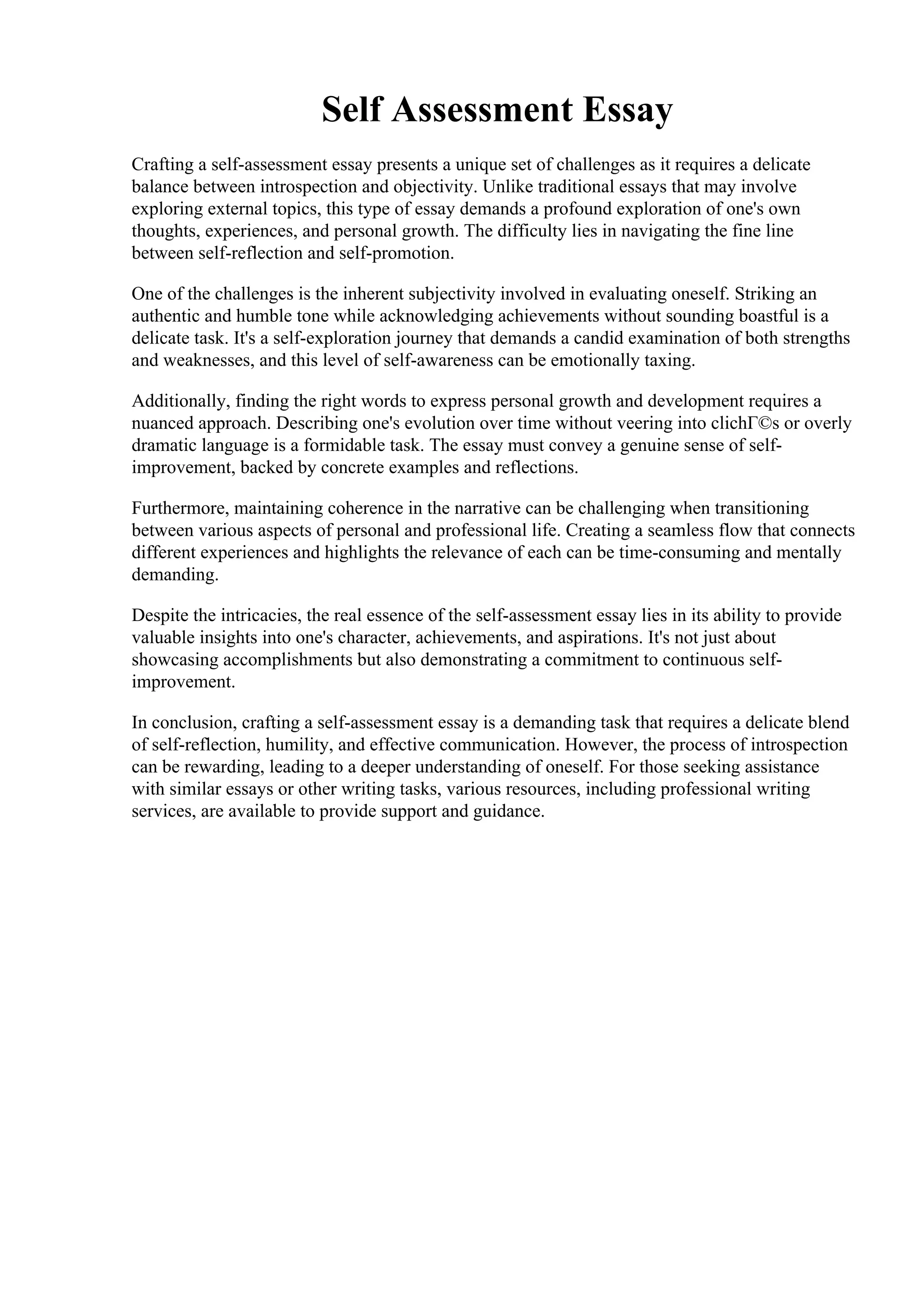 Self Assessment Essay | PDF