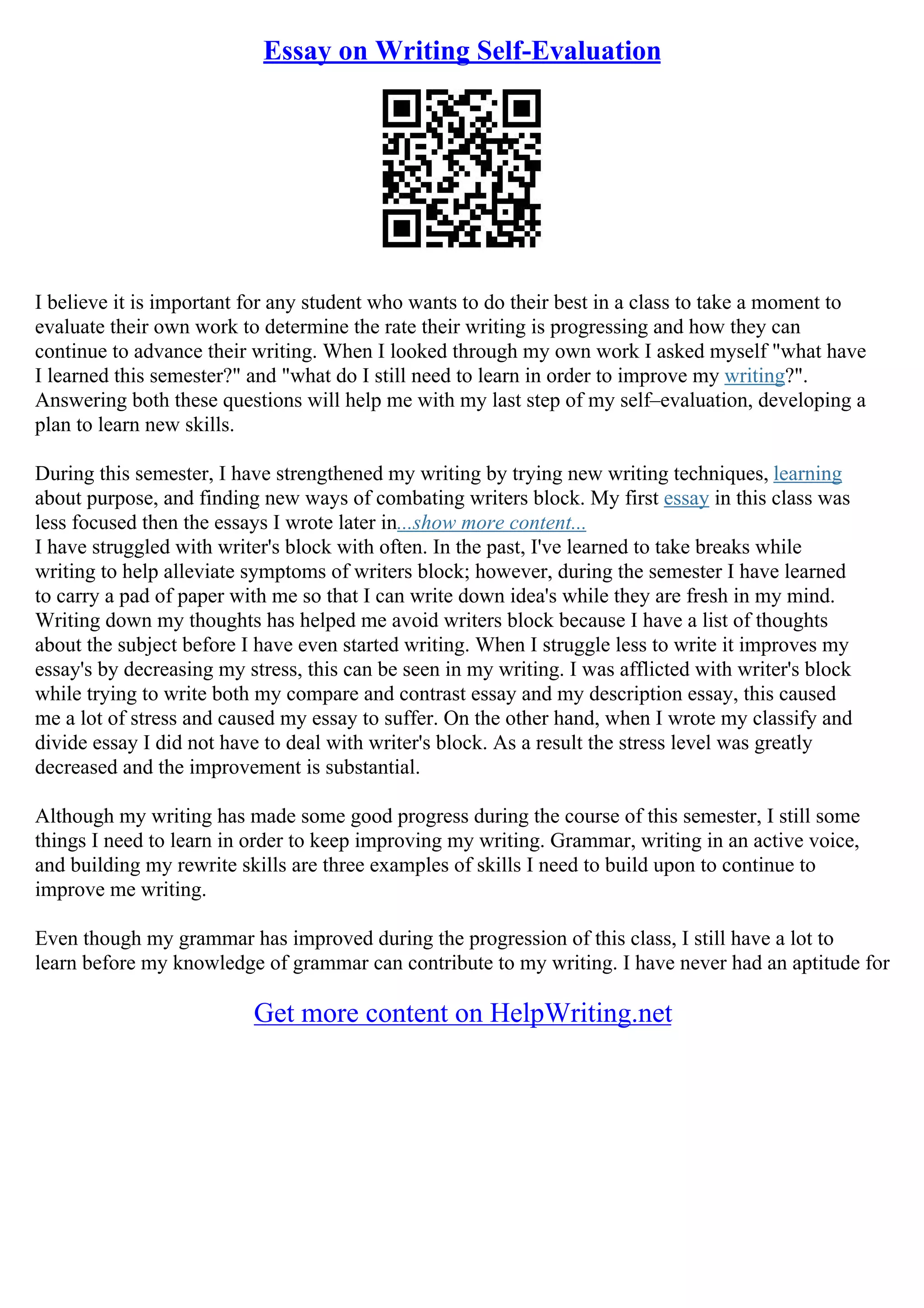 Self Assessment Essay Examples | PDF