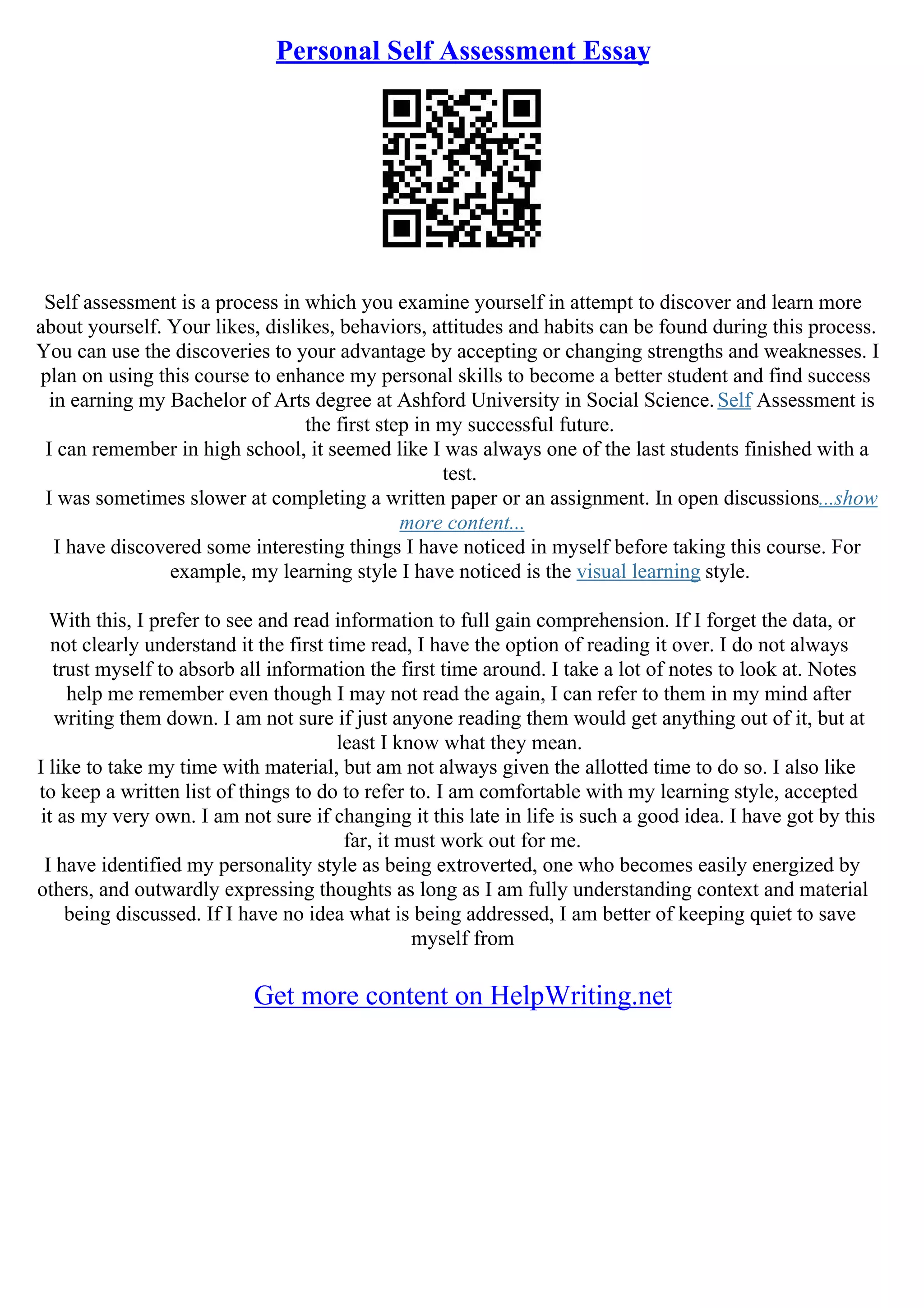 Self Assessment Essay Examples | PDF