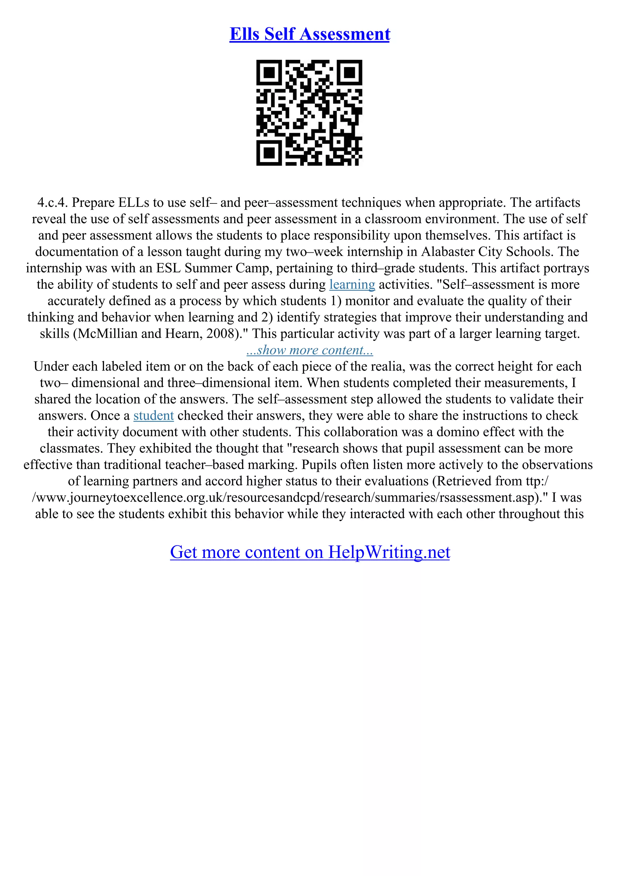 Self Assessment Essay Examples | PDF