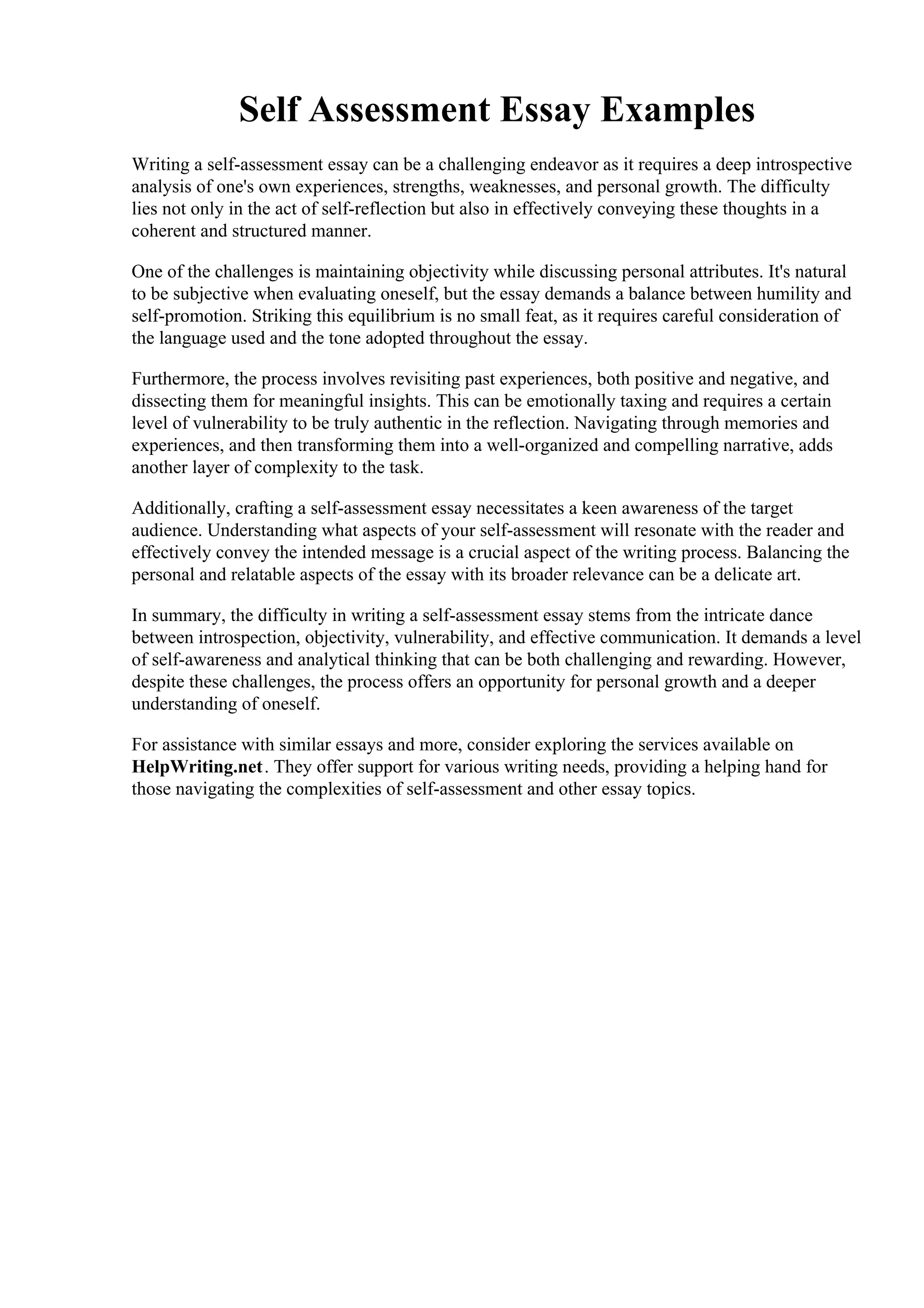 Self Assessment Essay Examples | PDF