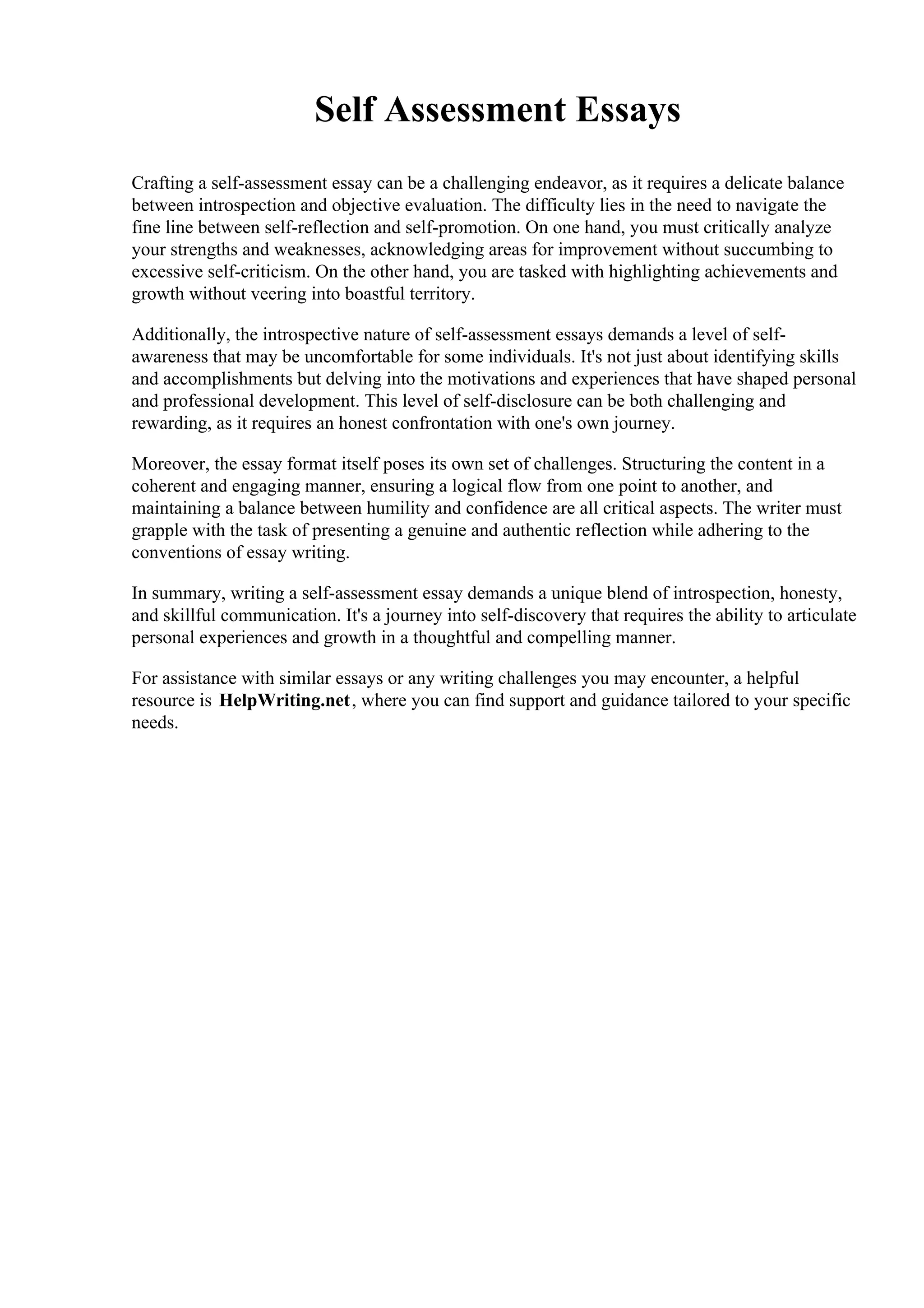 Self Assessment Essays. Wheelock College | PDF