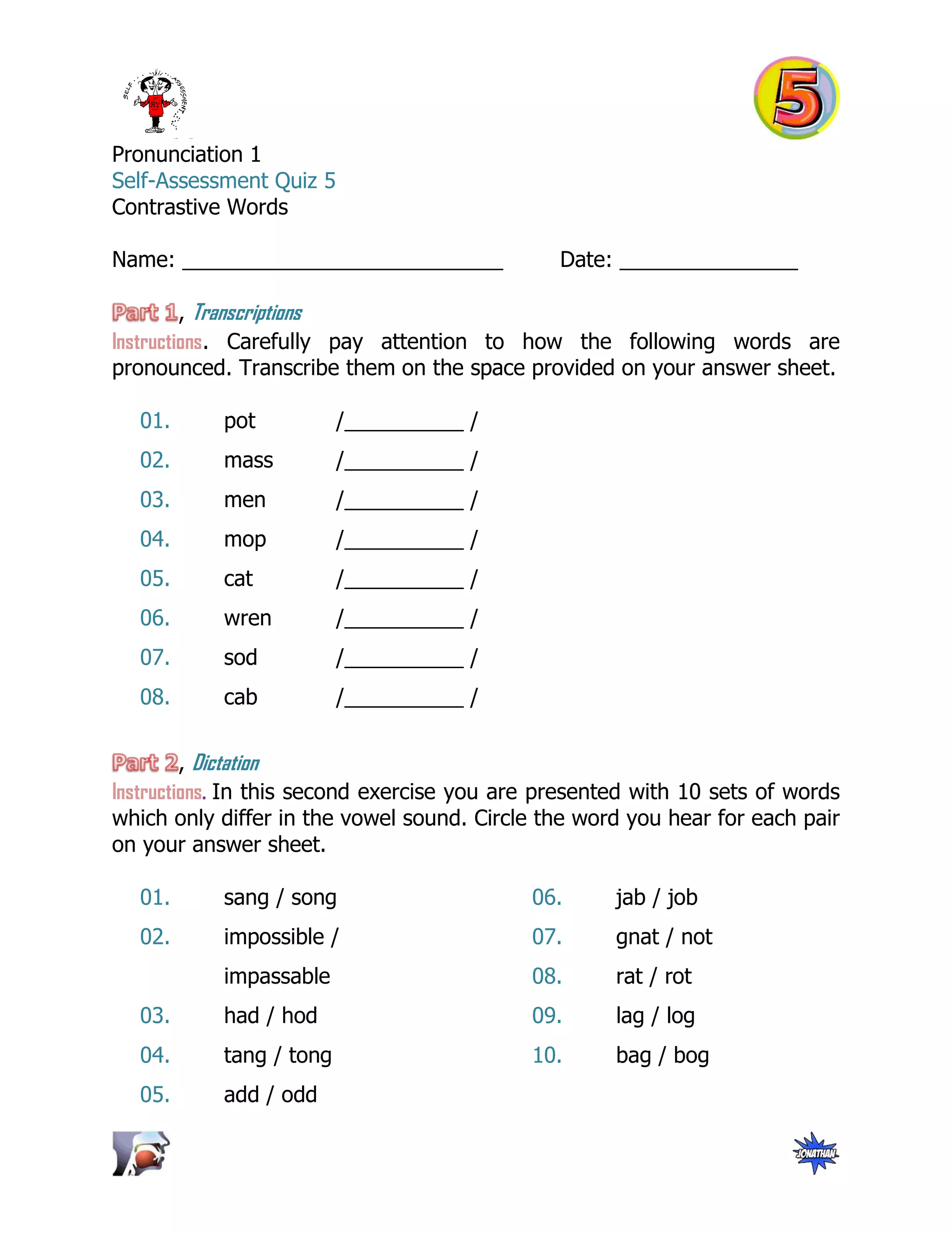 Self assessment quiz 5 (pronunciation 1) | PDF