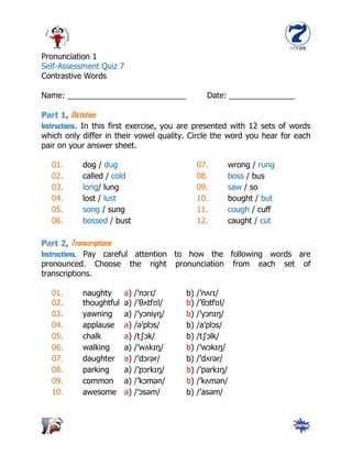 Self Assessment Quiz 7 (Pronunciation 1) ANSWERS | PDF