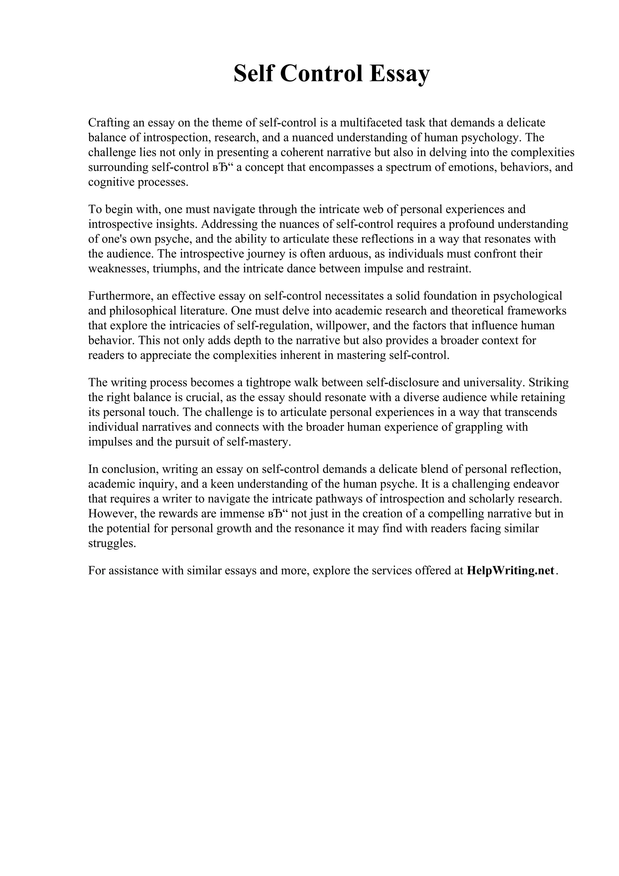 Self Control Essay. Upstate Medical University | PDF