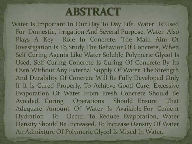 Self curing concrete using peg | PPTX | Chemistry | Science