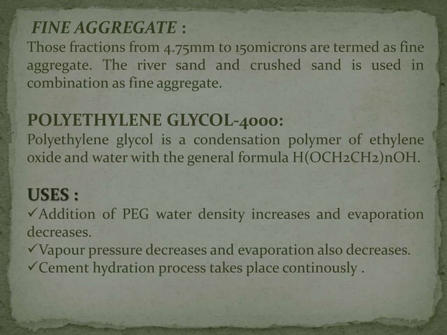 Self curing concrete using peg | PPTX | Chemistry | Science
