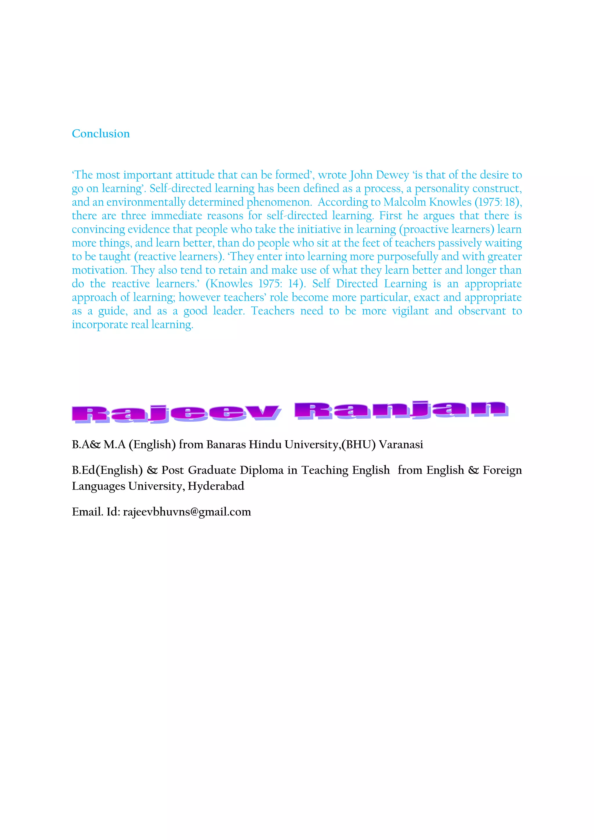 Self directed learning a learner centered approach | PDF | Educational Assessment | Education