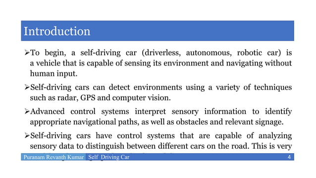 Self driving car | PPTX | Driverless Cars | Auto Type