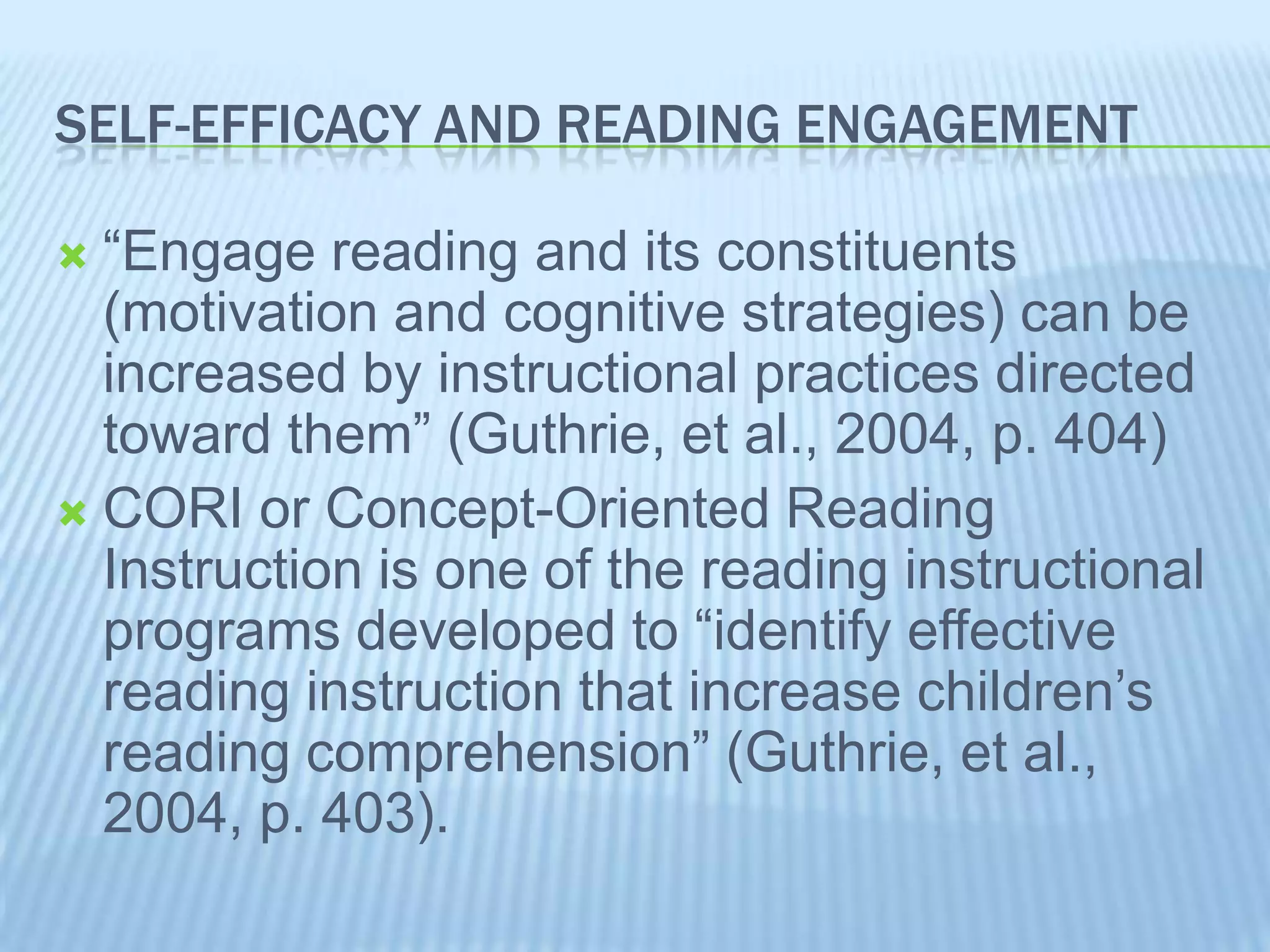 Self efficacy and reading engagement in children | PPTX