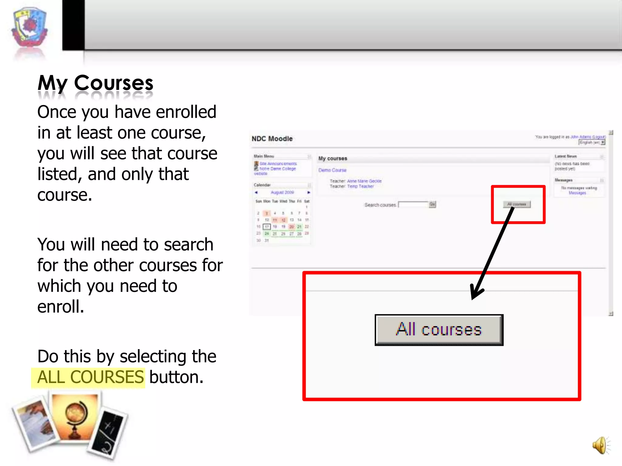 Notre Dame College Moodle Training - Student self-enrollment | PPTX ...