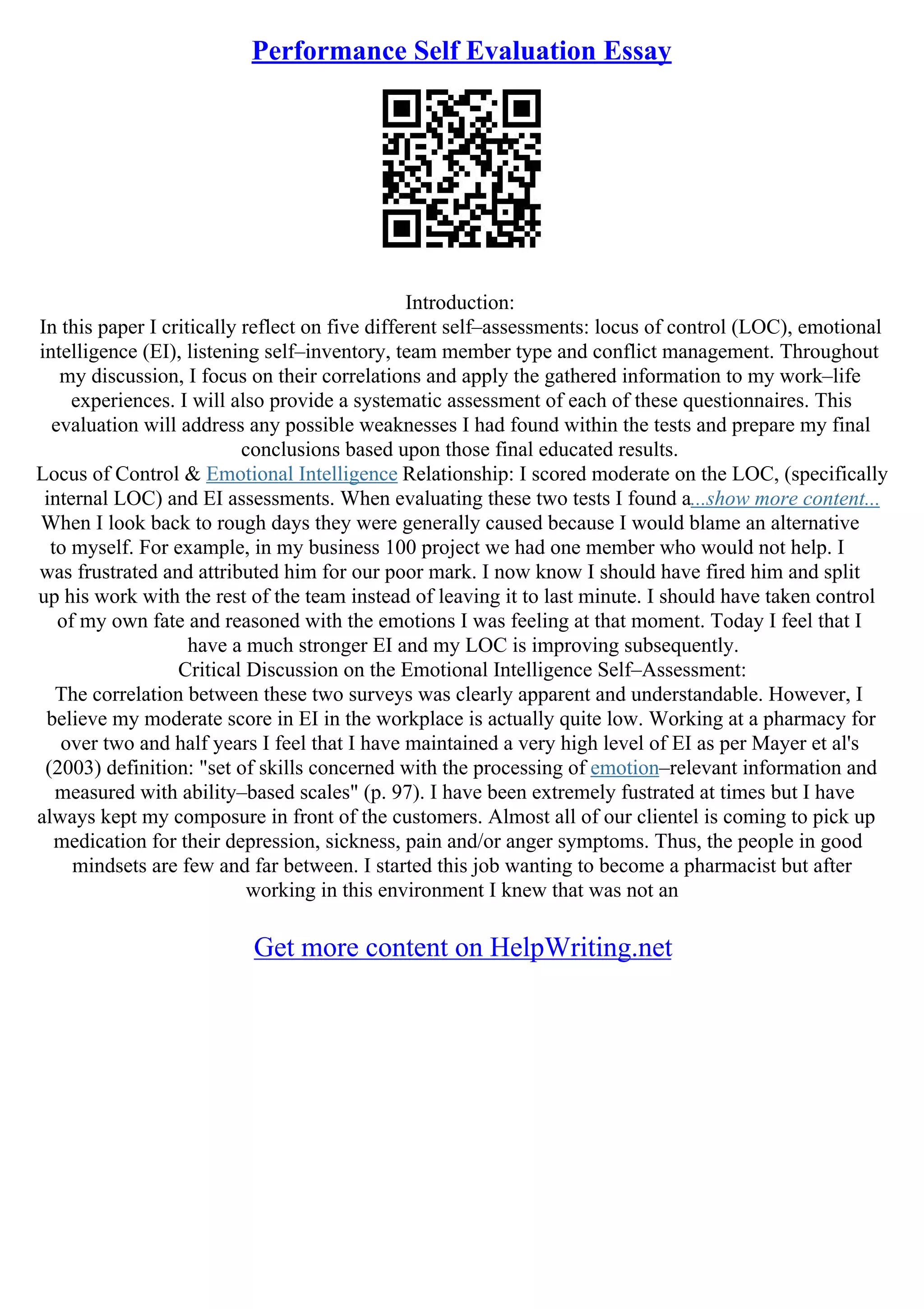 Self Evaluation Sample Essay | PDF