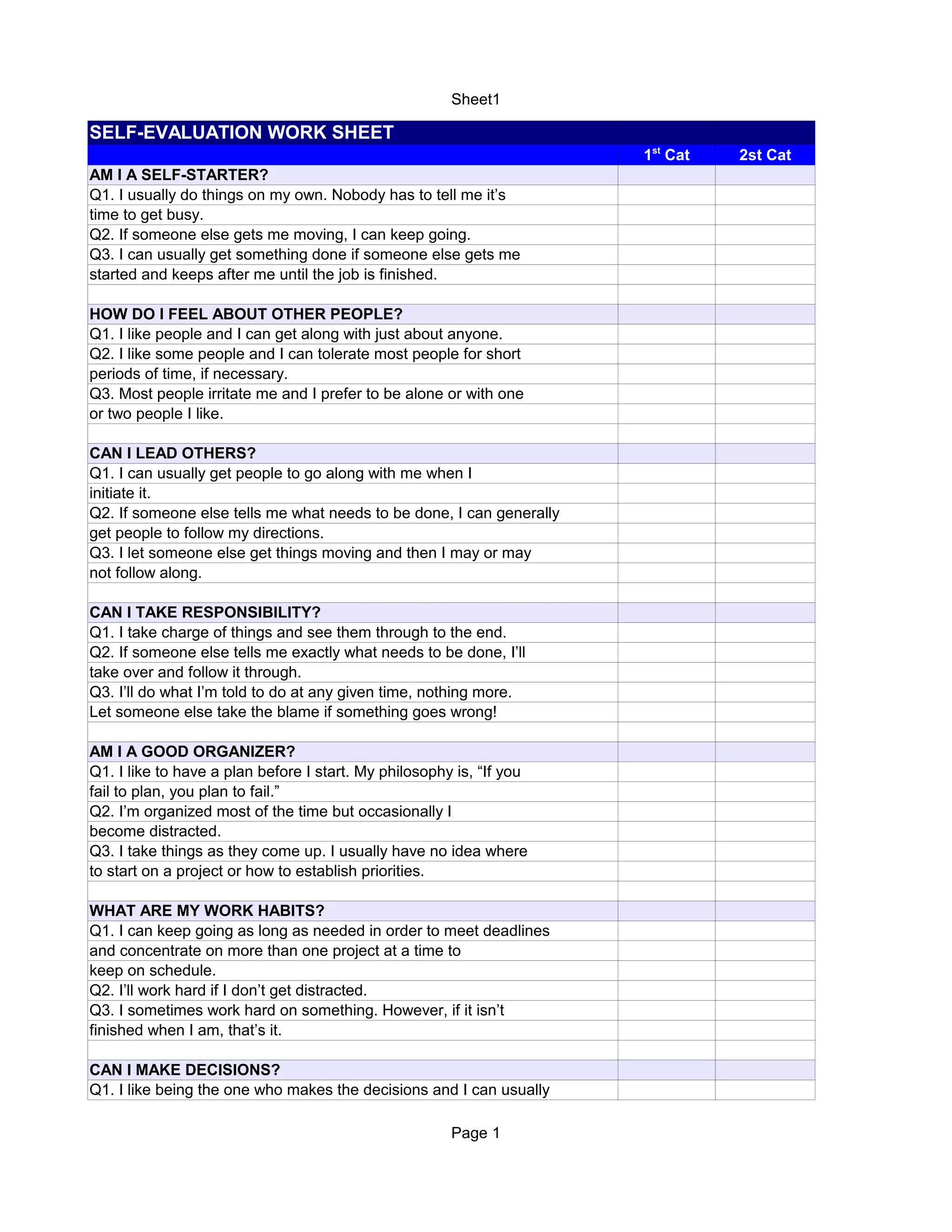 Self evaluation worksheet | PDF