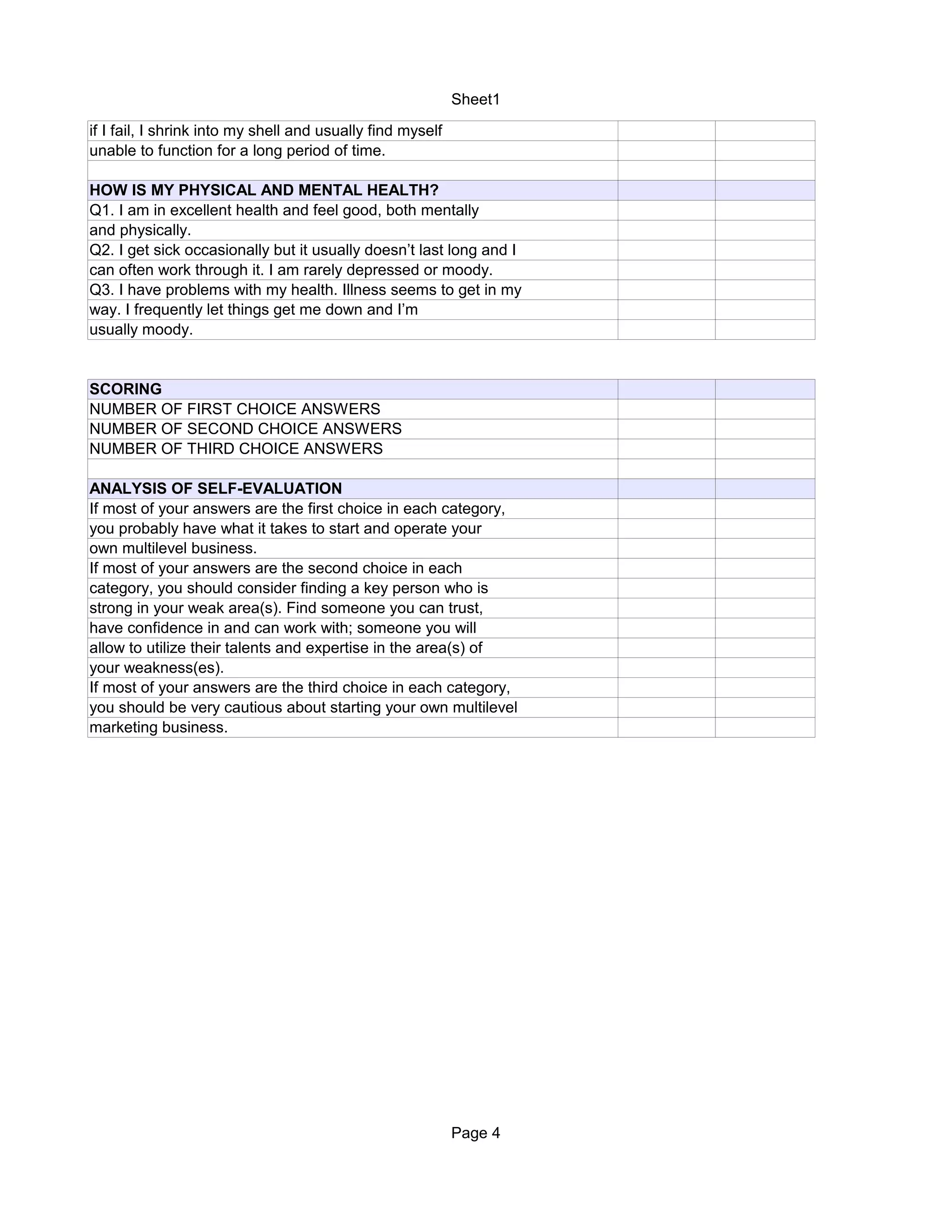 Self evaluation worksheet | PDF
