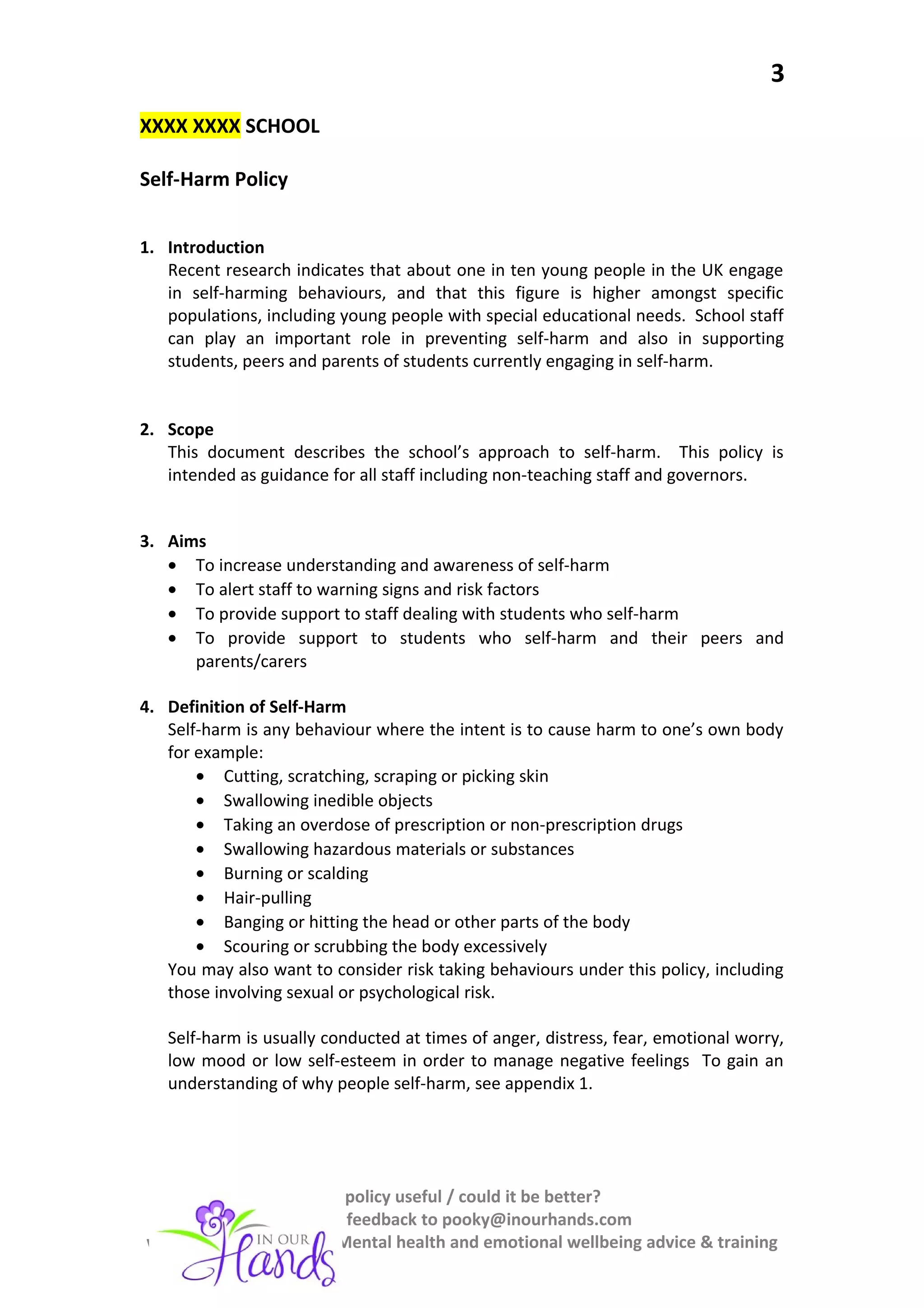 Self harm model policy for schools | DOC