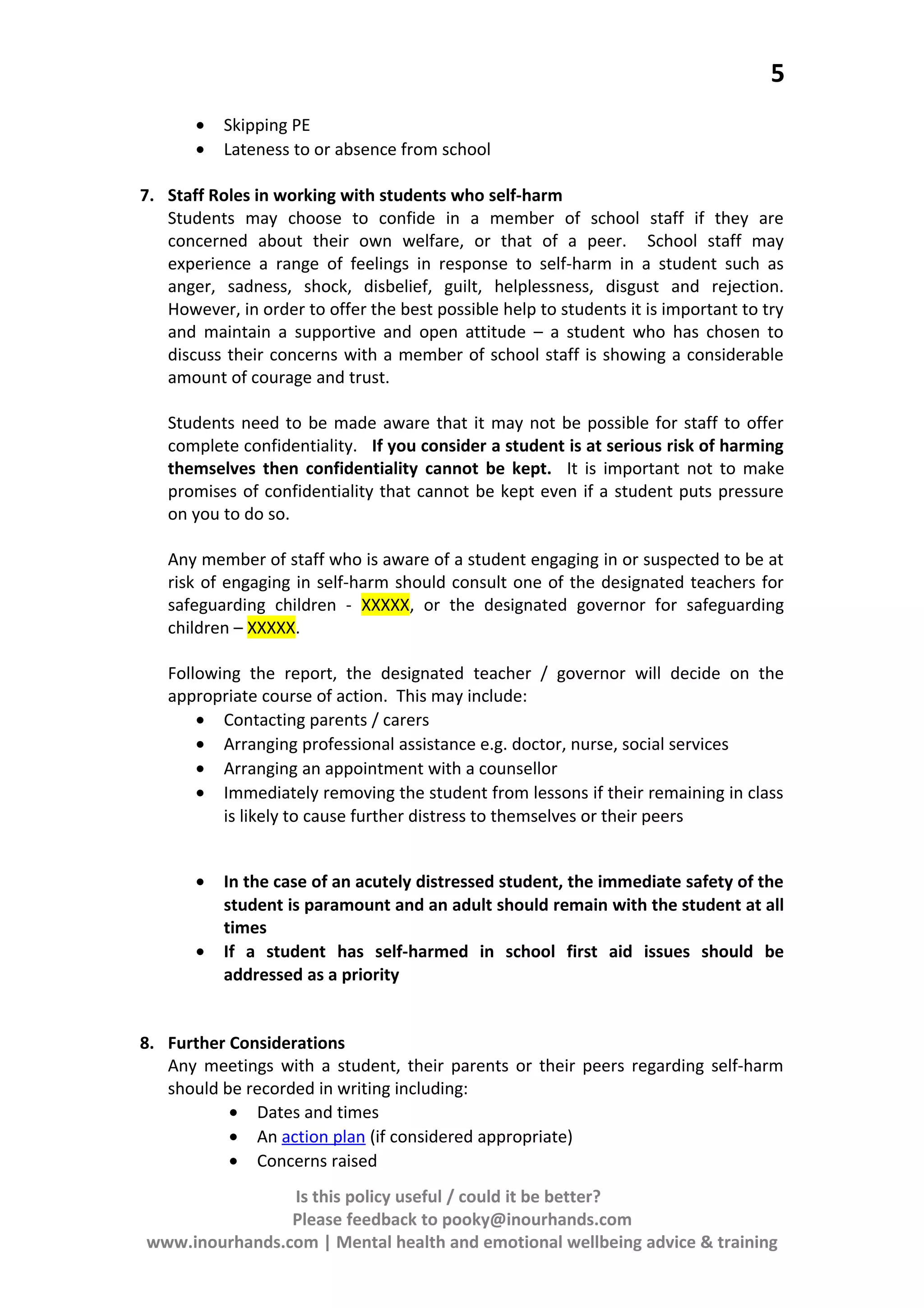 Self harm model policy for schools | DOC