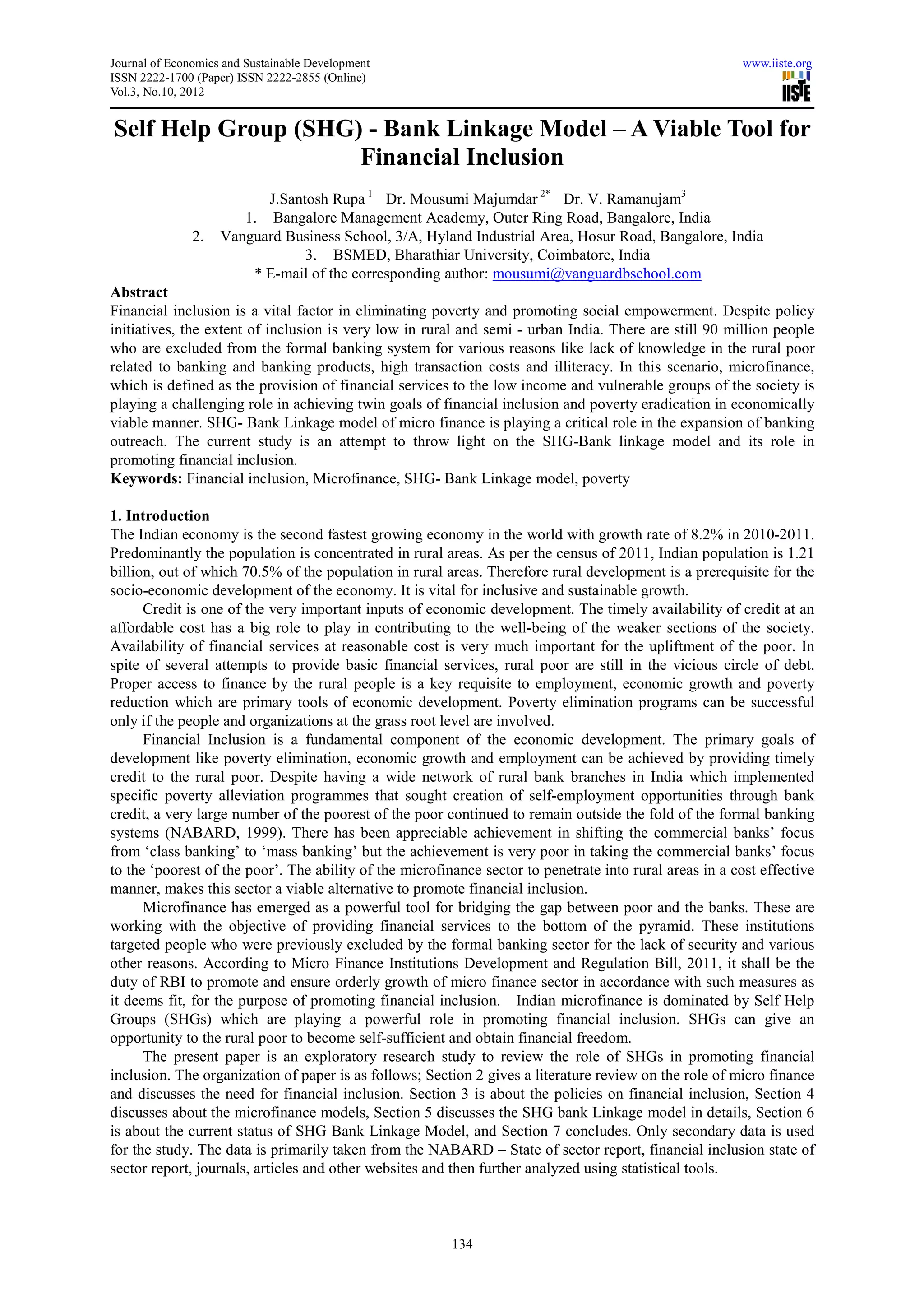 Self help group (shg) bank linkage model - a viable tool for financial ...