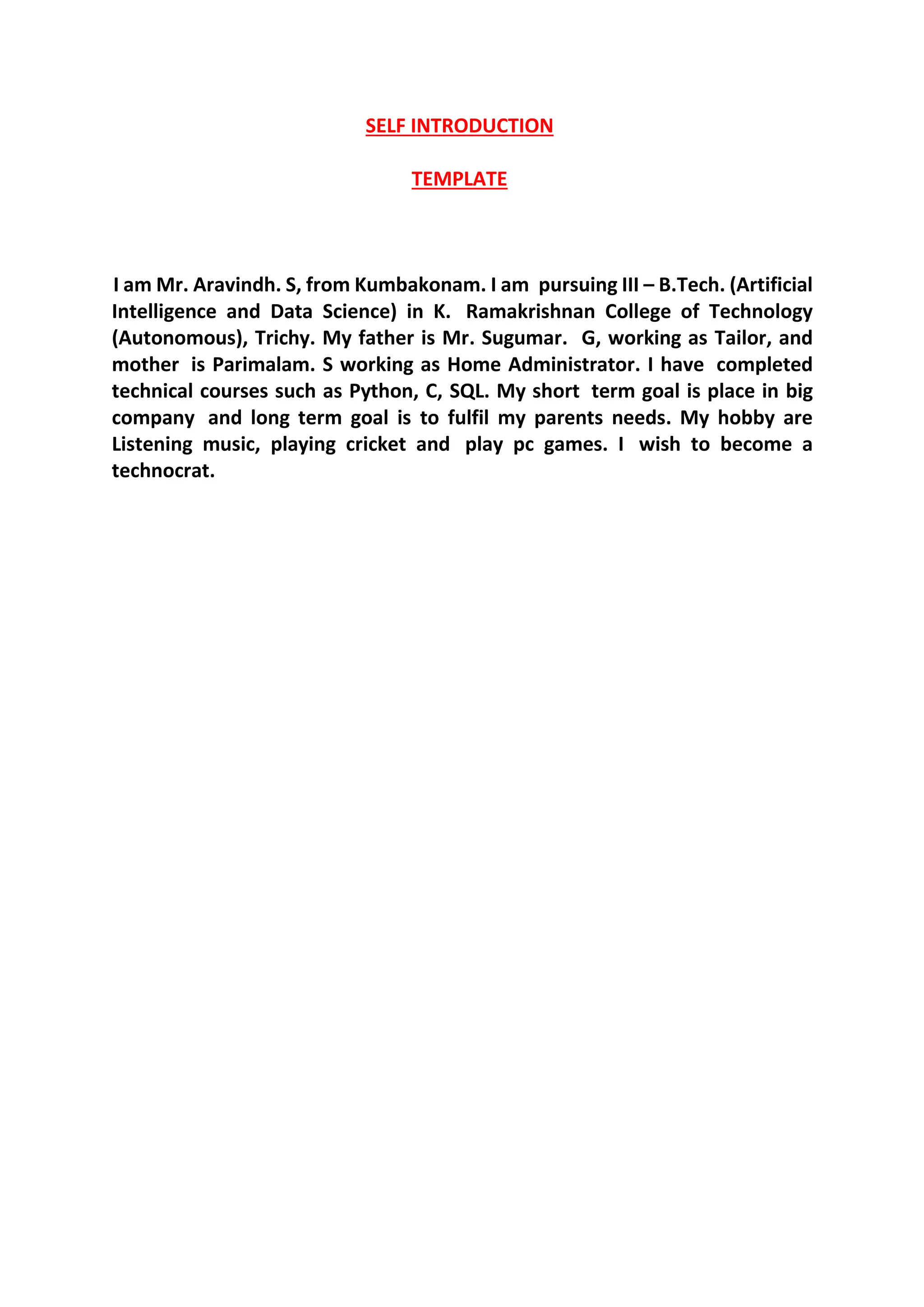 Aravindh self introduction assessment 1.docx
