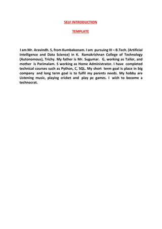 Aravindh self introduction assessment 1.docx