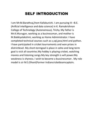 SELF INTRODUCTION -Roll.no AD21011- KRCT | DOCX