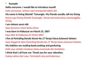 SELF INTRODUCTION.pptx by me perkenalan diri | PPTX