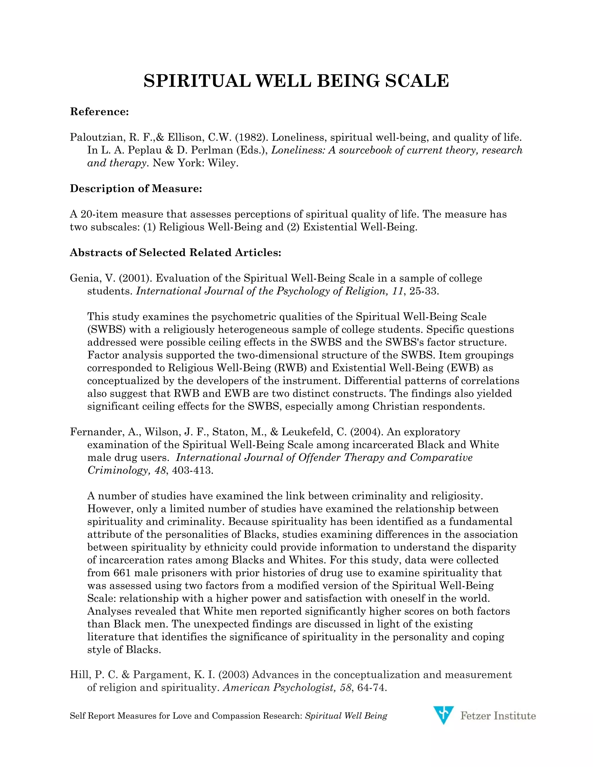 Self measures for_love_and_compassion_research_spiritual_well_being | PDF