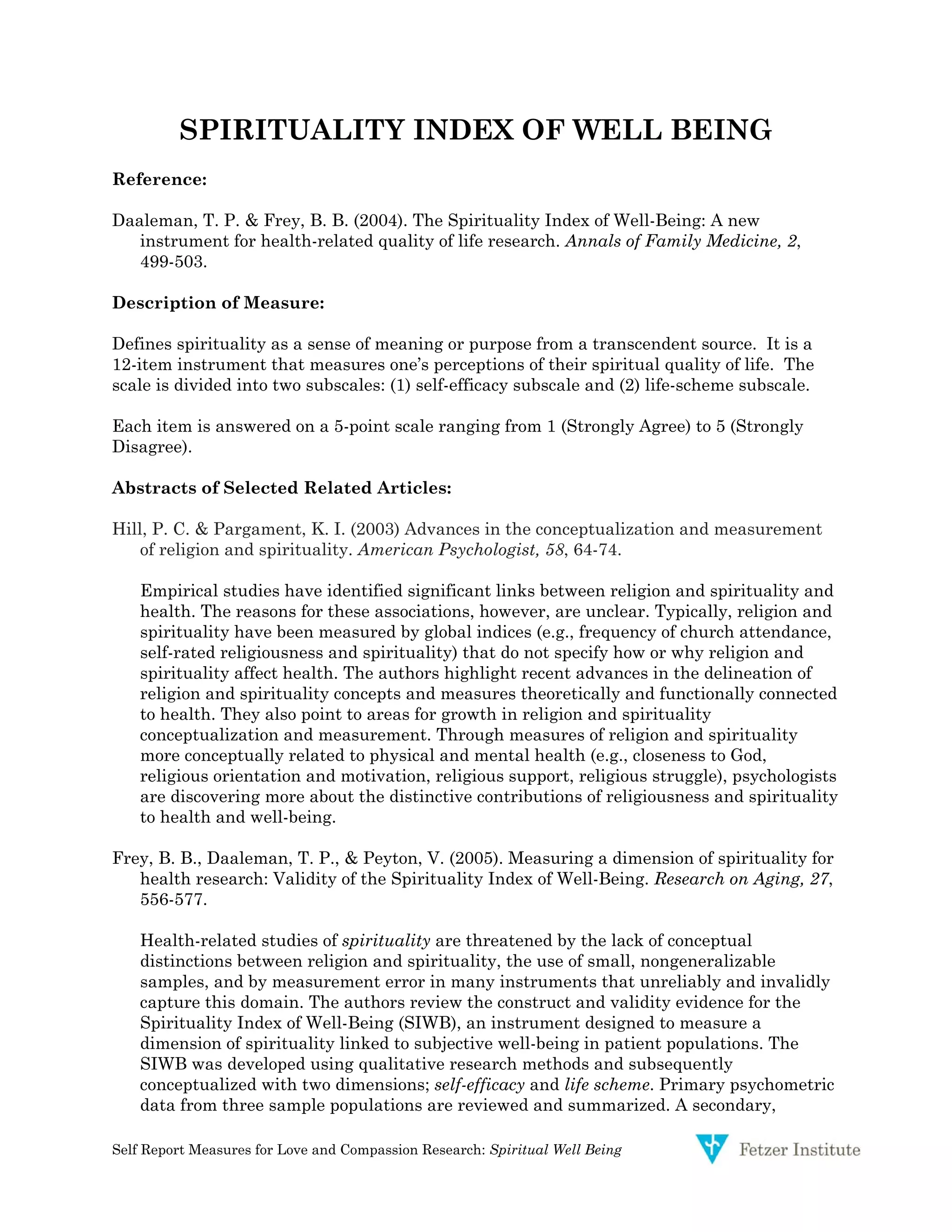 Self measures for_love_and_compassion_research_spiritual_well_being | PDF