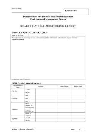 DENR Self monitoring report (SMR) Quarterly Report Form | DOC