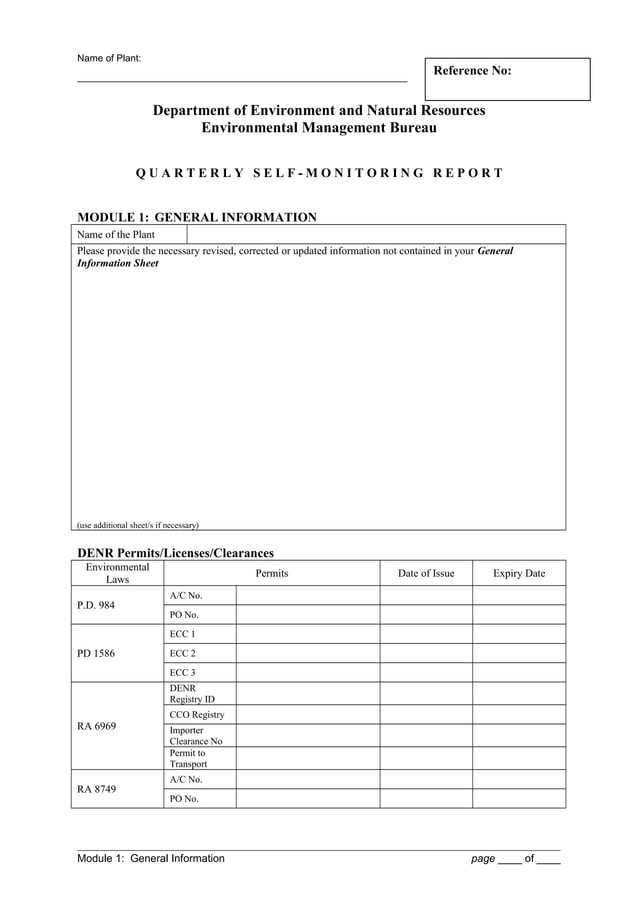 DENR Self monitoring report (SMR) Quarterly Report Form | DOC