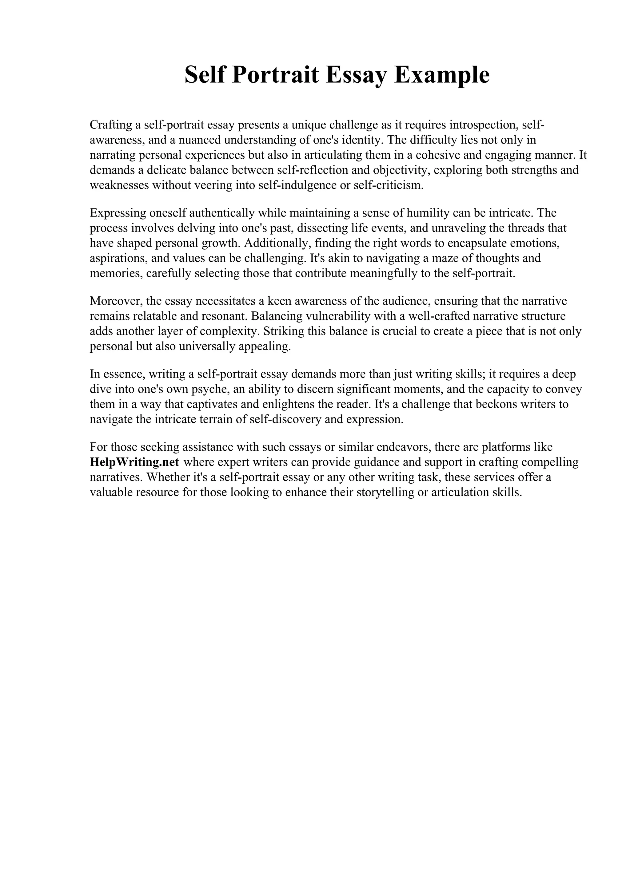 Self Portrait Essay Example. University of Valley Forge | PDF