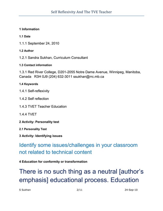 Self reflexivity and the tve teacher | PDF