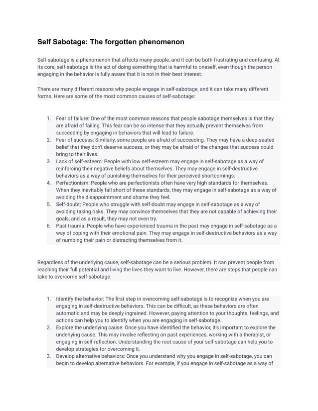 Self Sabotage: The forgotten phenomenon | PDF