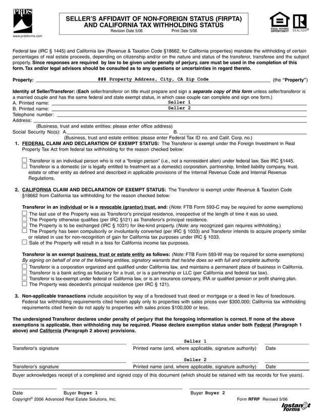 Sellers affidavit of non foreign status (firpta) (rfrp) | PDF