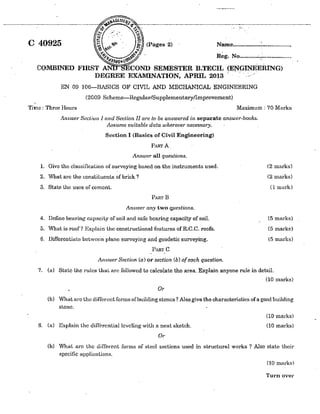 CIVIL ENGINEERING SEMESTER 1 & 2 QUESTION PAPER APRIL 2013 | PDF