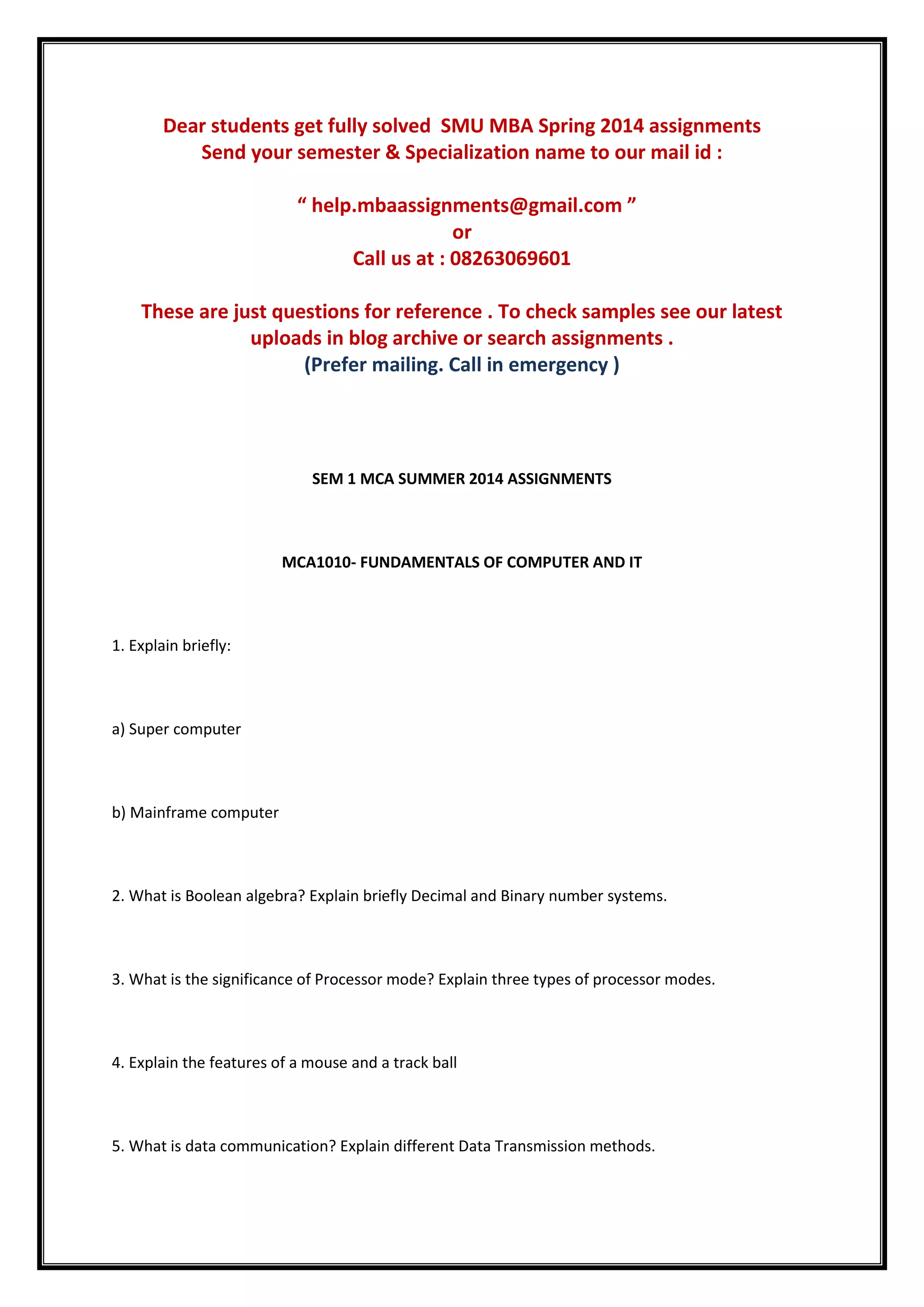 Sem 1 Mca Summer 2014 Solved Assignments Pdf