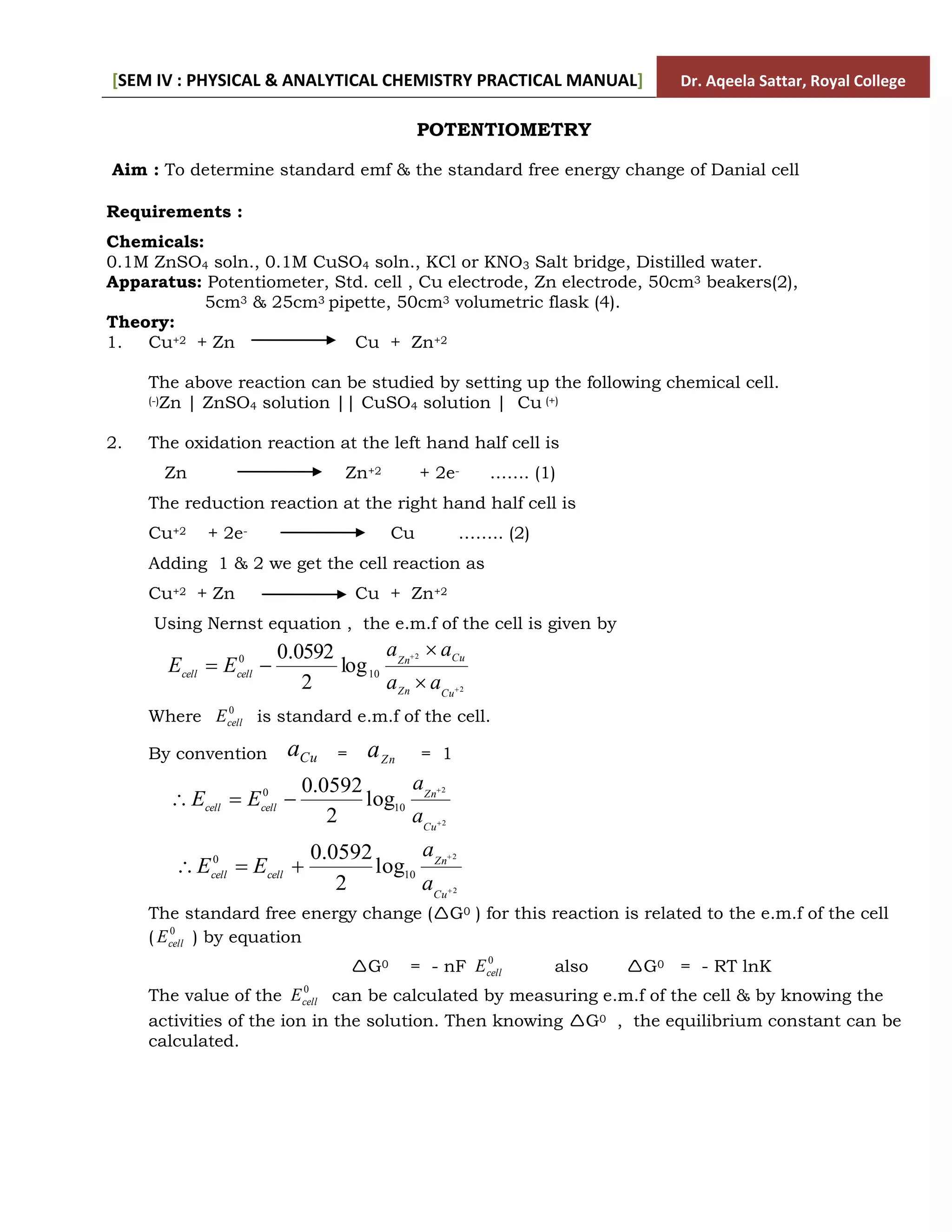 Laboratory Manual for Semester 4: Physical and Analytical Chemistry Experiments | PDF