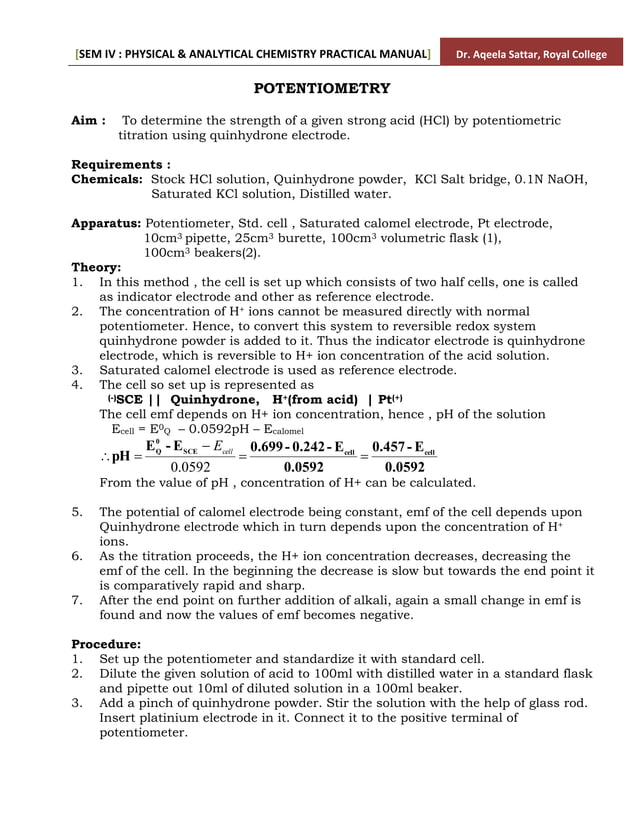 Laboratory Manual for Semester 4: Physical and Analytical Chemistry Experiments | PDF