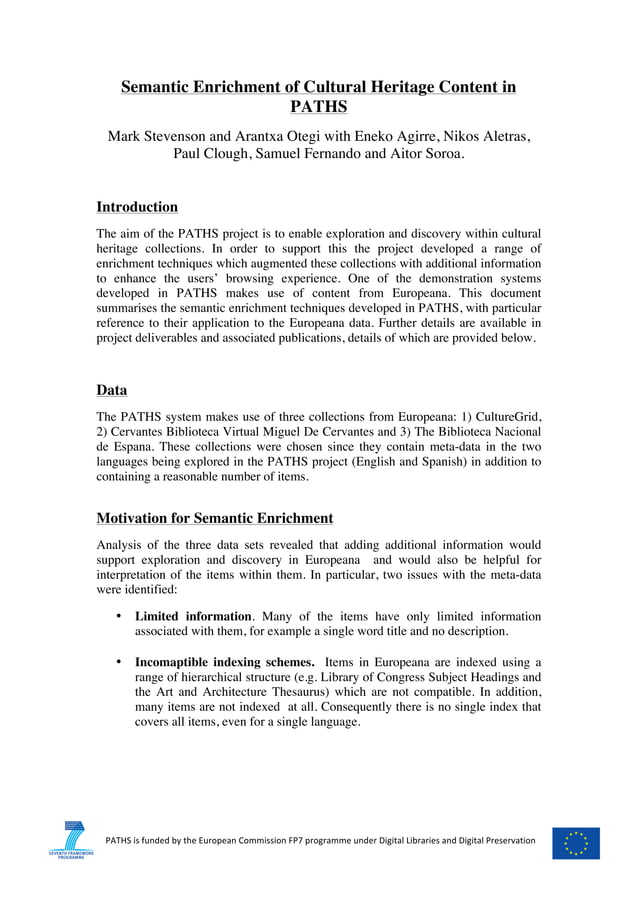 Semantic Enrichment of Cultural Heritage content in PATHS | PDF