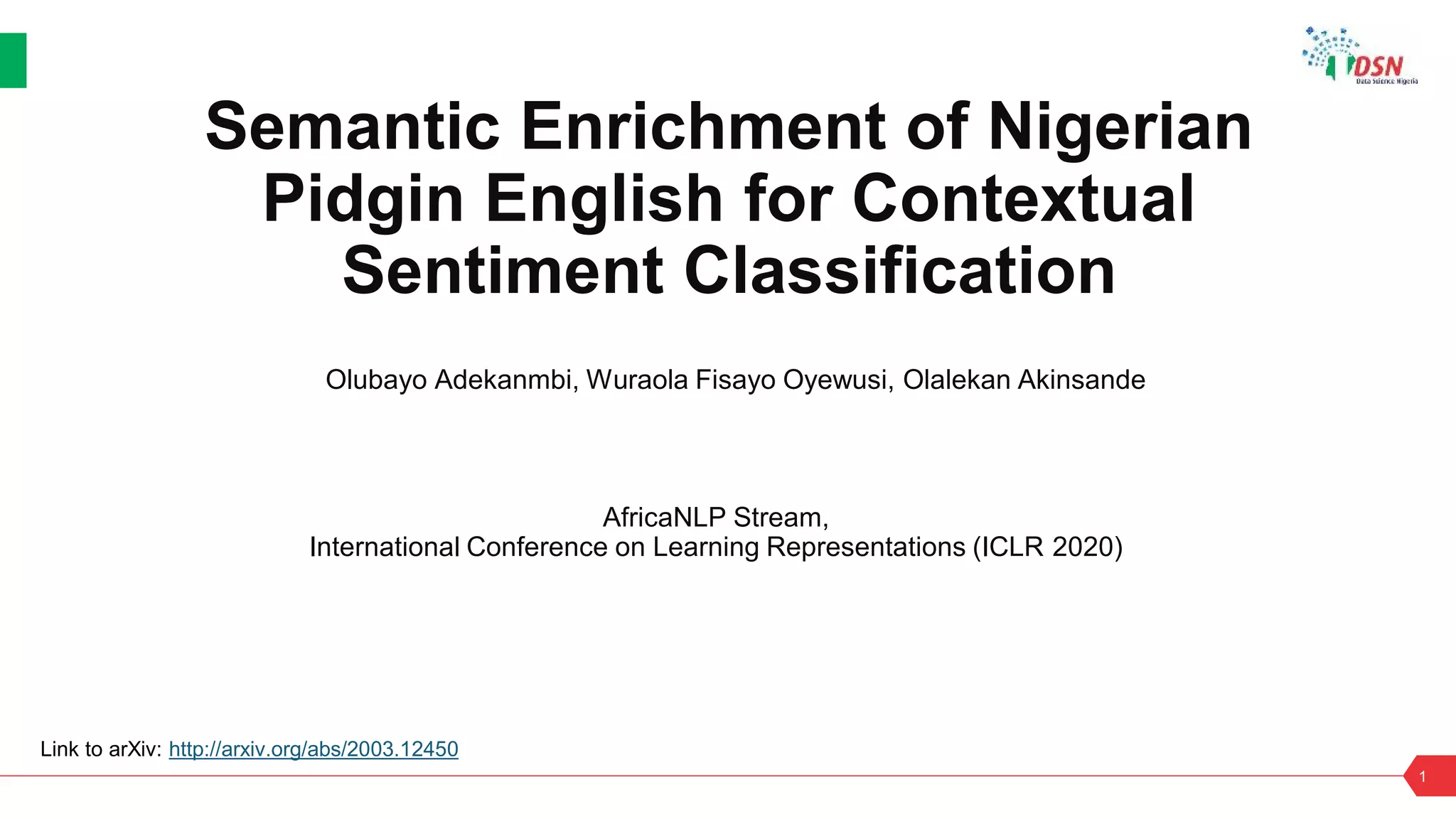 Semantic Enrichment of Nigerian Pidgin English for Contextual Sentiment Classification | PDF ...