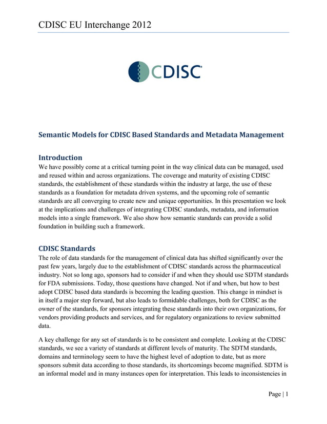 Semantic models for cdisc based standards and metadata management (1) | PDF