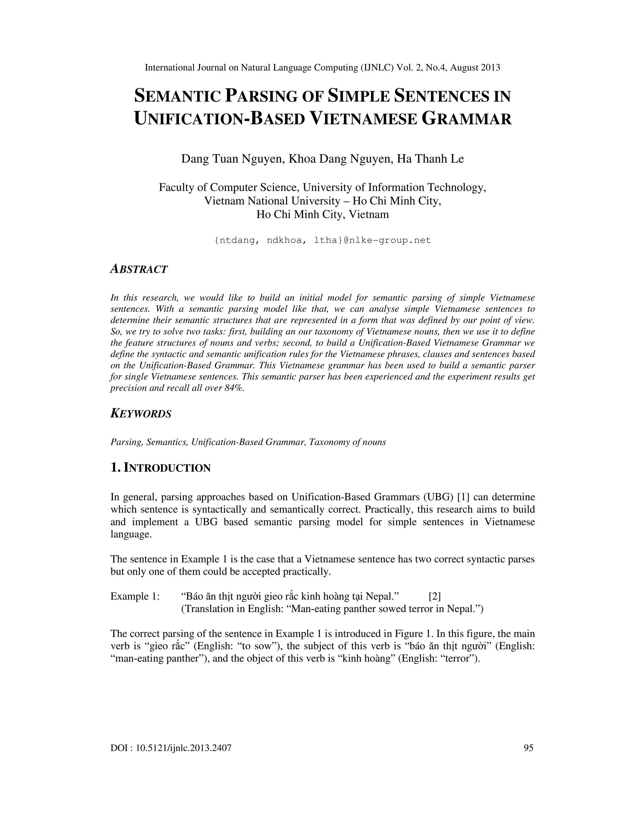 SEMANTIC PARSING OF SIMPLE SENTENCES IN UNIFICATION-BASED VIETNAMESE GRAMMAR | PDF