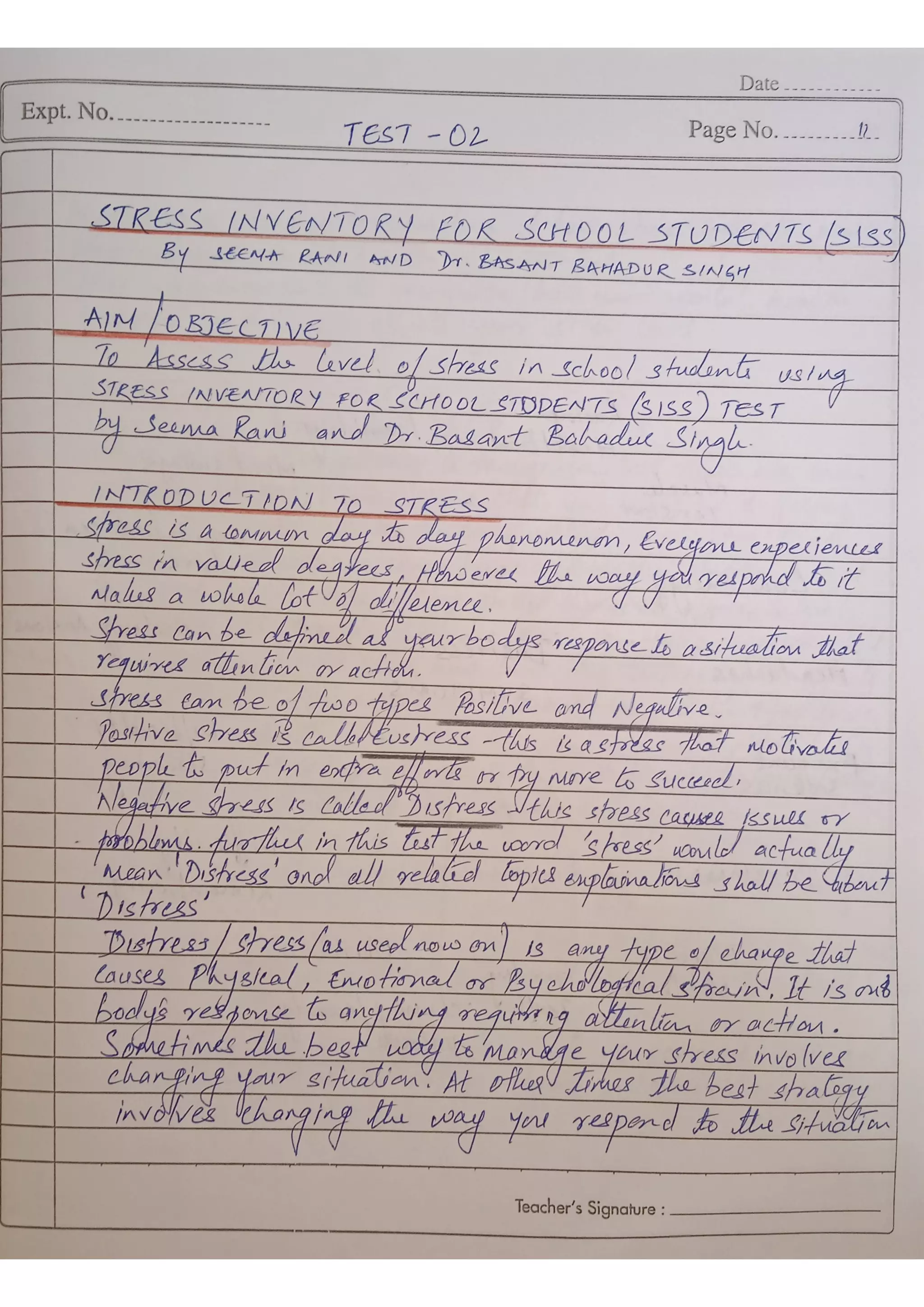 Test - Sema Rani's Stress Inventory for School Students - SISS | PDF