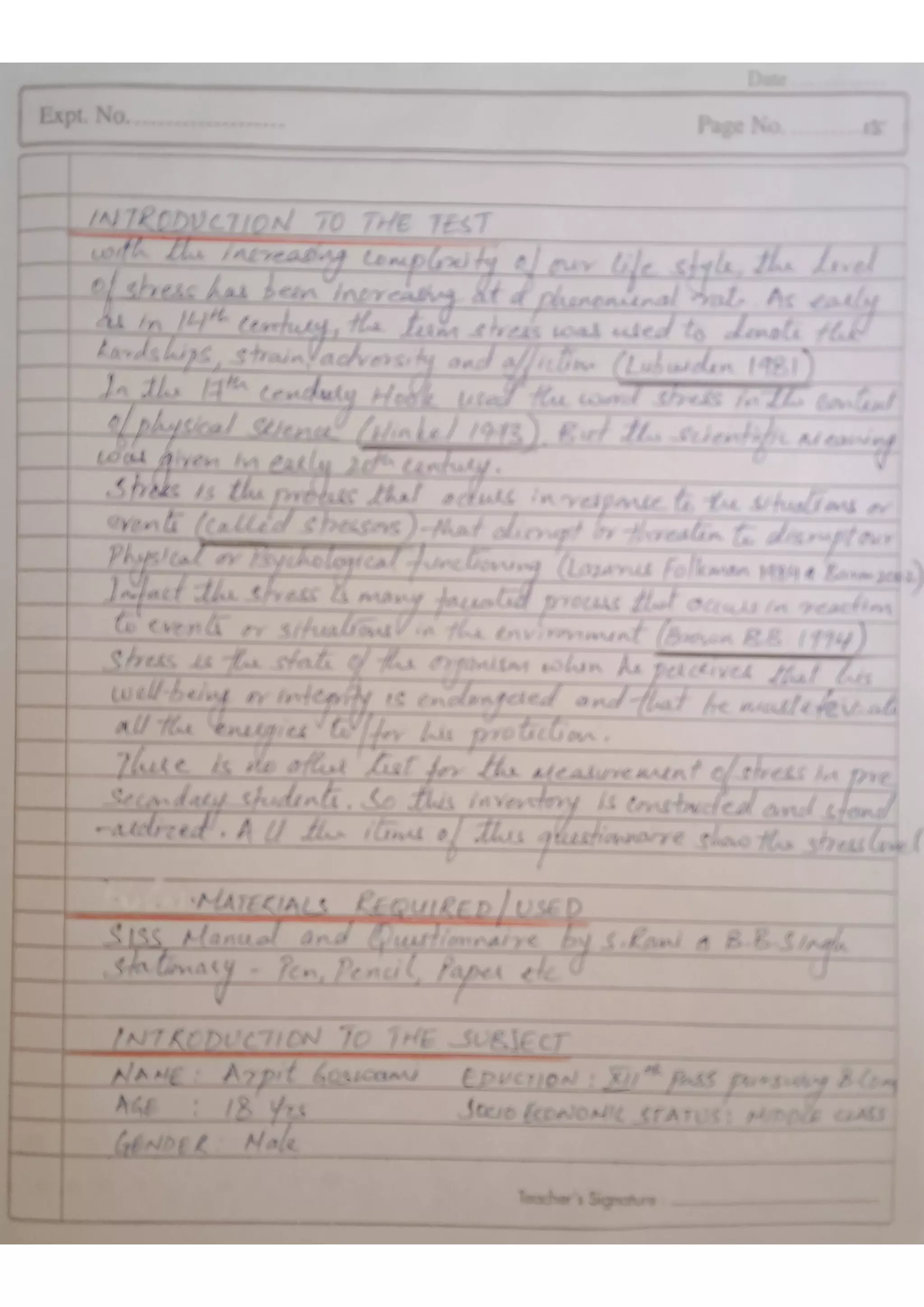 Test - Sema Rani's Stress Inventory for School Students - SISS | PDF